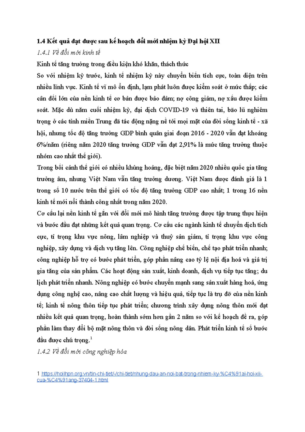 BT LSD 1.4 và 2.1 - 1 Kết quả đạt được sau kế hoạch đổi mới nhiệm kỳ Đại hội XII 1.4 Về đổi mới ...