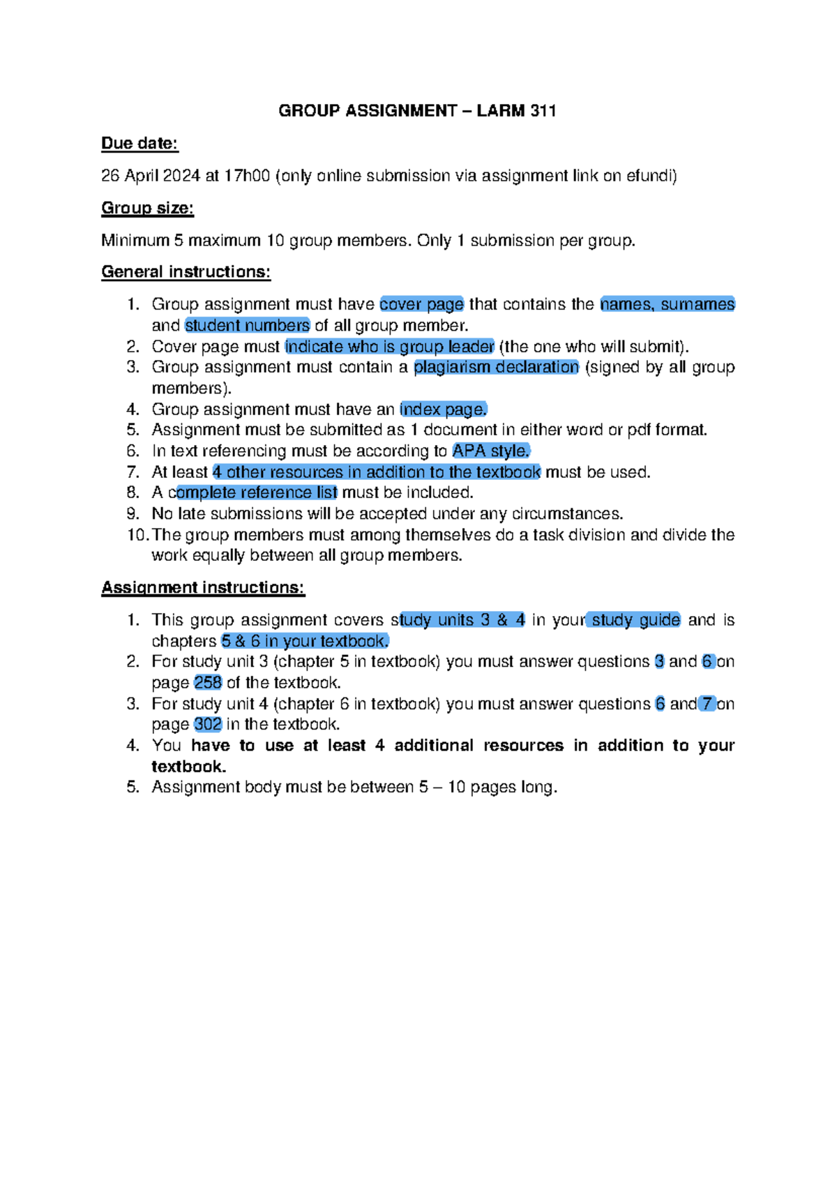 LARM Group Assignment - GROUP ASSIGNMENT – LARM 311 Due date: 26 April 202 4 at 17h00 (only ...