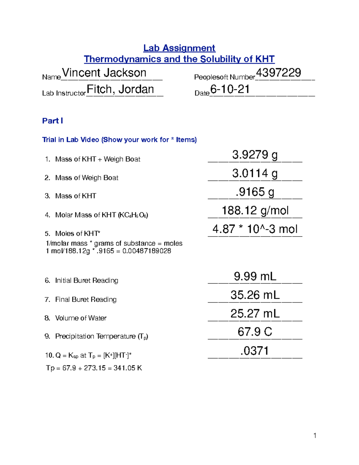 Lab 8 - feaf - Lab Assignment Thermodynamics and the Solubility of KHT ...