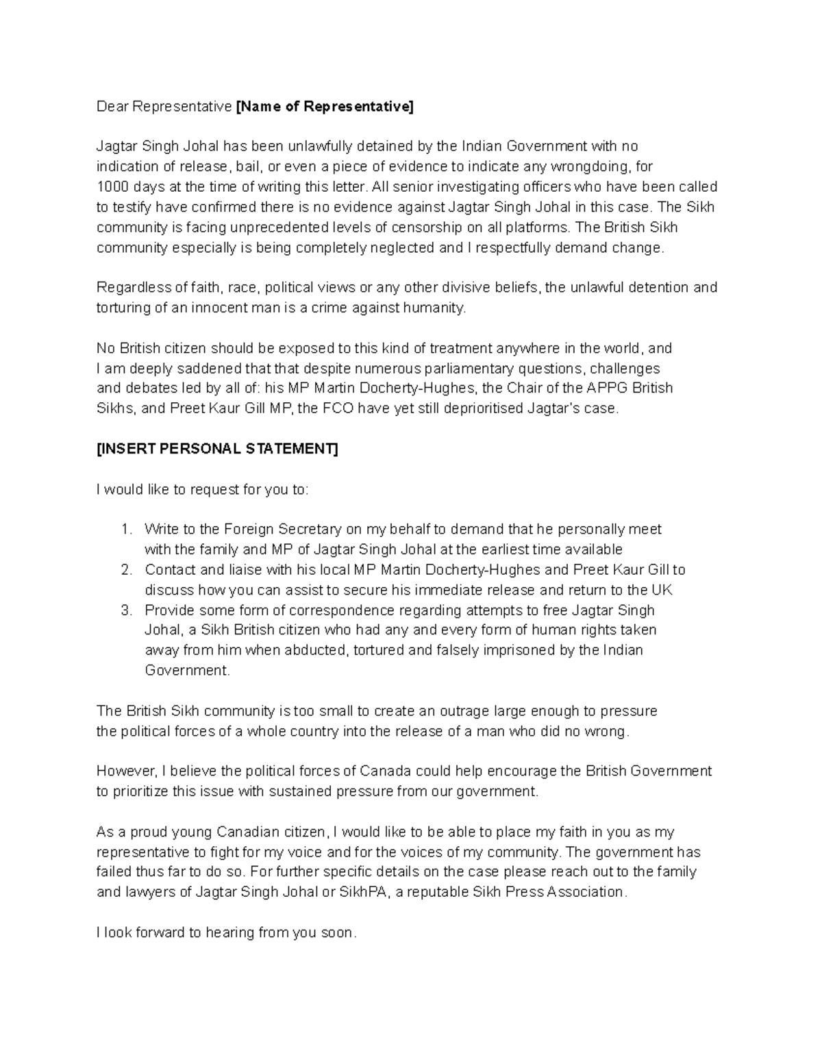 Email Template; Canadian Reps for #Free Jaggi Now - Dear Representative ...