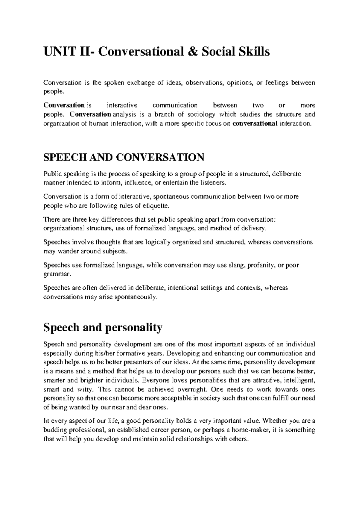 Soft Skills Unit 2 Notes - UNIT II- Conversational & Social Skills ...