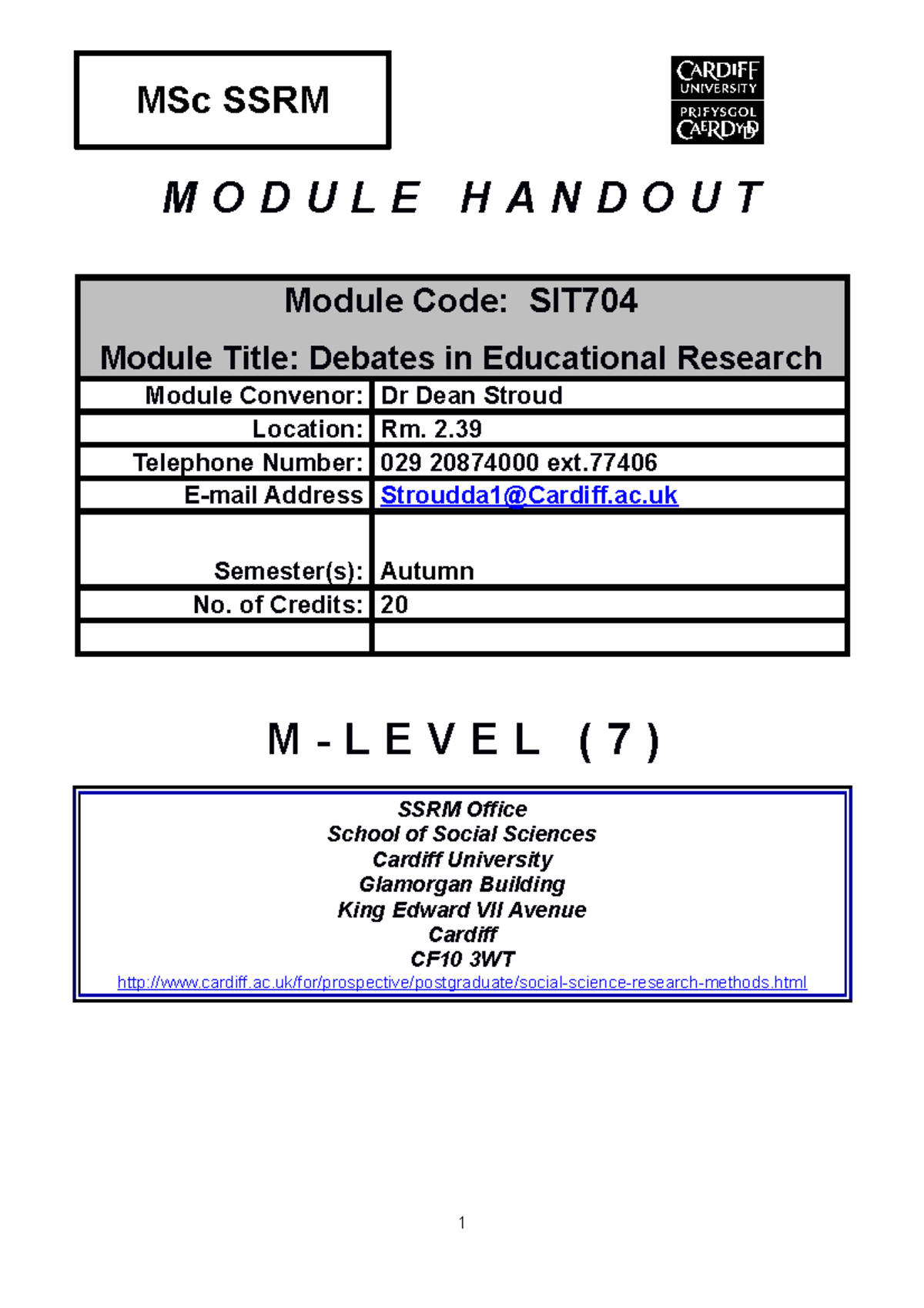 Module Handout SSRM Education Pathway Final 2016-17 - L301 - Cardiff ...