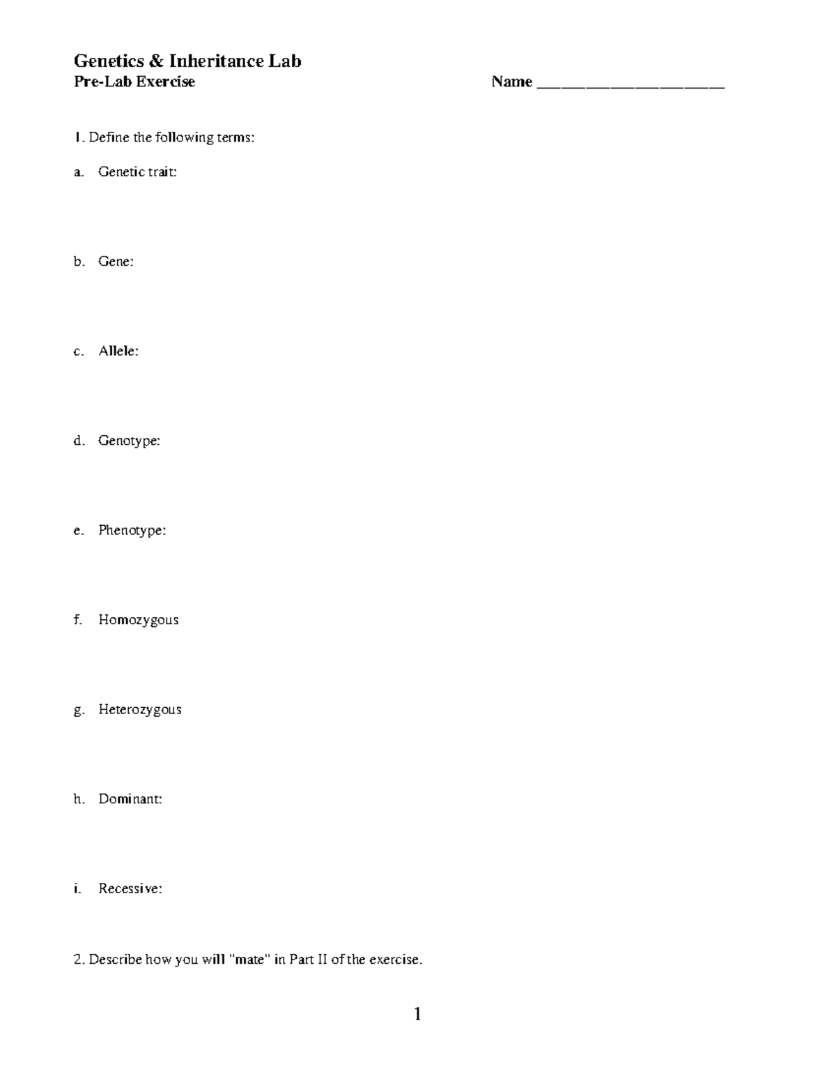 Genetic Inheritance Lab- A Look Into Heredity - Pre-Lab Exercise Name