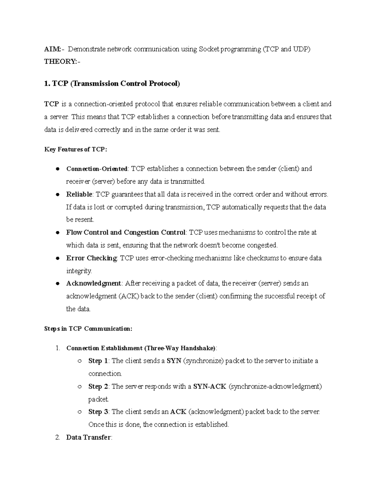 Cn Experiment Tcp Udp Aim Demonstrate Network Communication Using Socket Programming Tcp