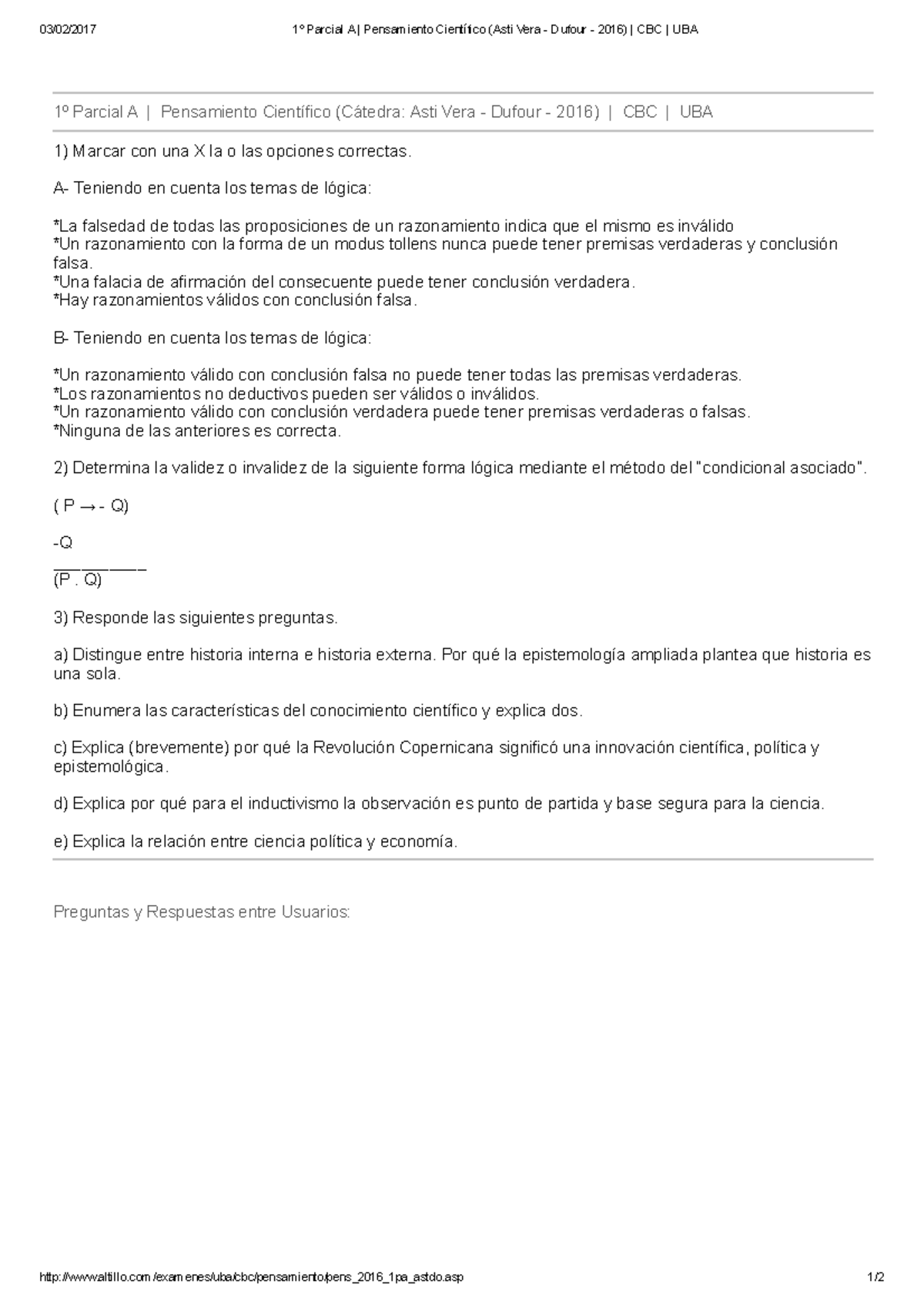 1Âº Parcial A Pensamiento Cient Ã­fico (Asti Vera - Dufour - 2016 ) CBC UBA 2 - 03/02/2017 1º ...