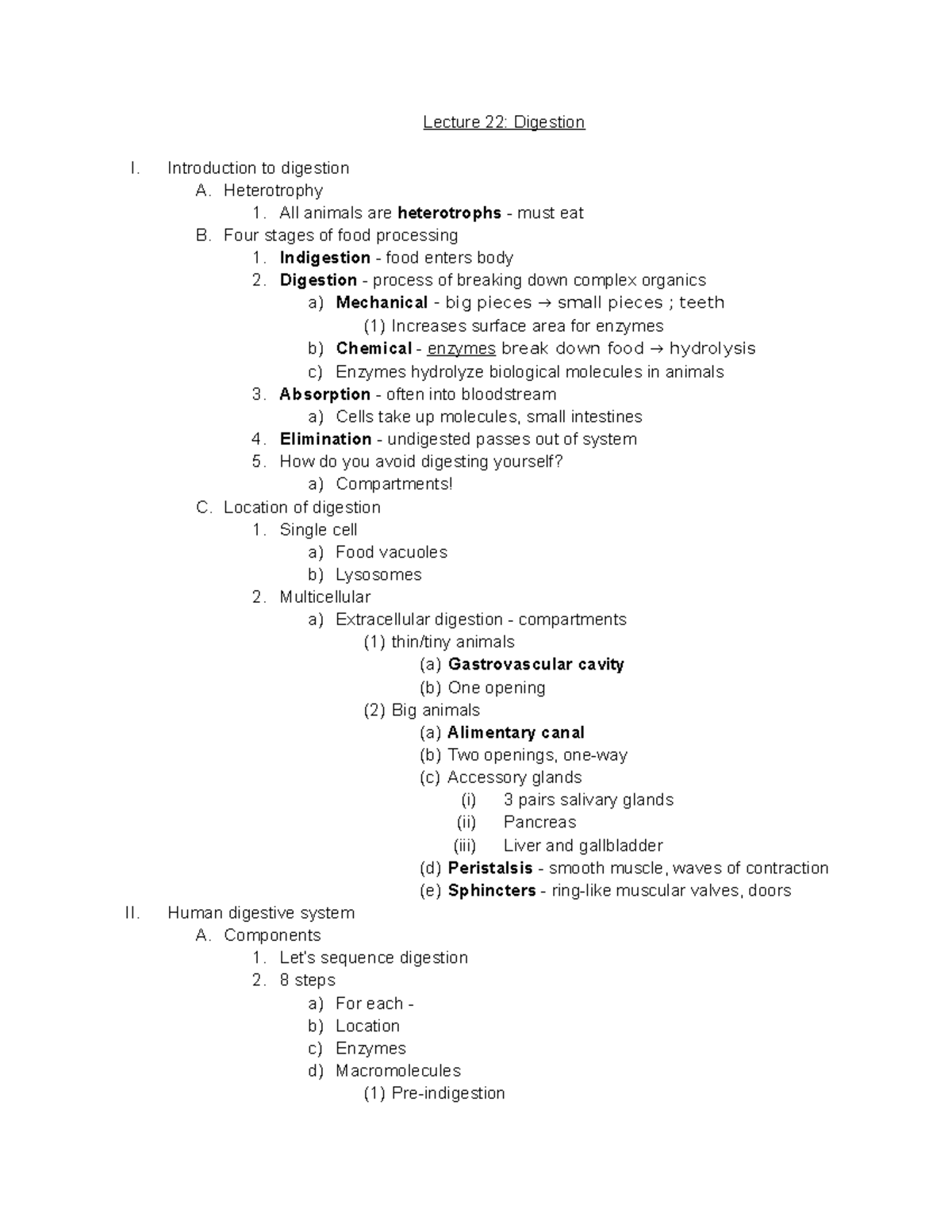Gen Bio II: Digestion Notes - Lecture 22: Digestion I. Introduction to ...