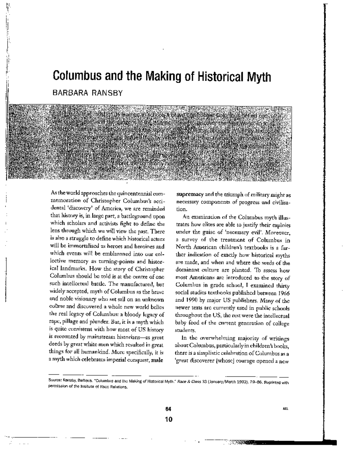 Columbus and the Making of Historical Myth - Barbara Ransby - COMM 209 ...