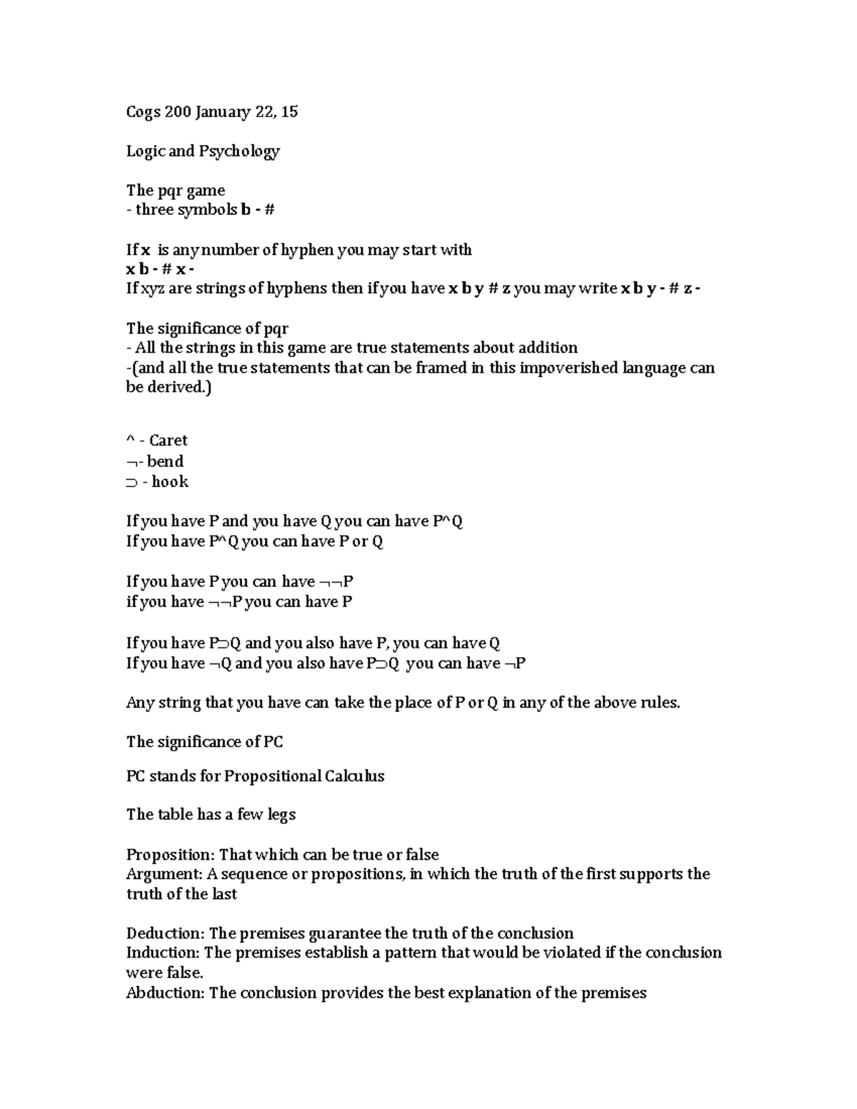 Cogs 200 January 22 - Lecture notes 2 - Cogs 200 January 22, 15 Logic ... Cogs 200 January 22 - Lecture notes 2 - Cogs 200 January 22, 15 Logic ...