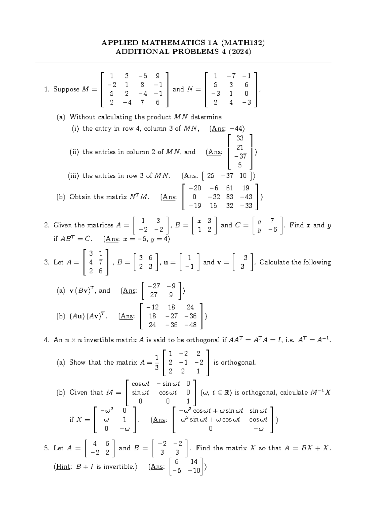 Additional Tutorial Problems 4 (2024) - APPLIED MATHEMATICS 1A (MATH132) ADDITIONAL PROBLEMS 4 ...