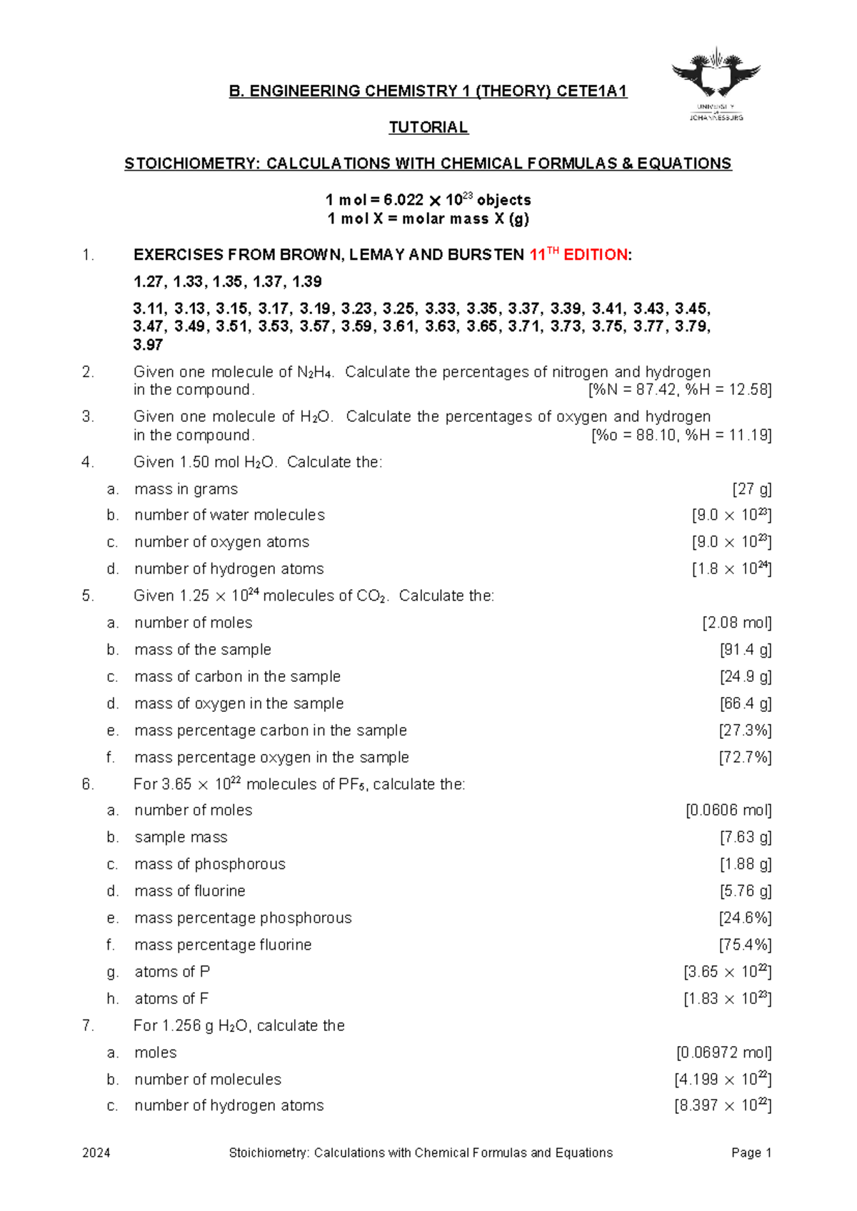 Tutorial (1-2024) - Stoichiometry - UNIT 4 - B. ENGINEERING CHEMISTRY 1 ...
