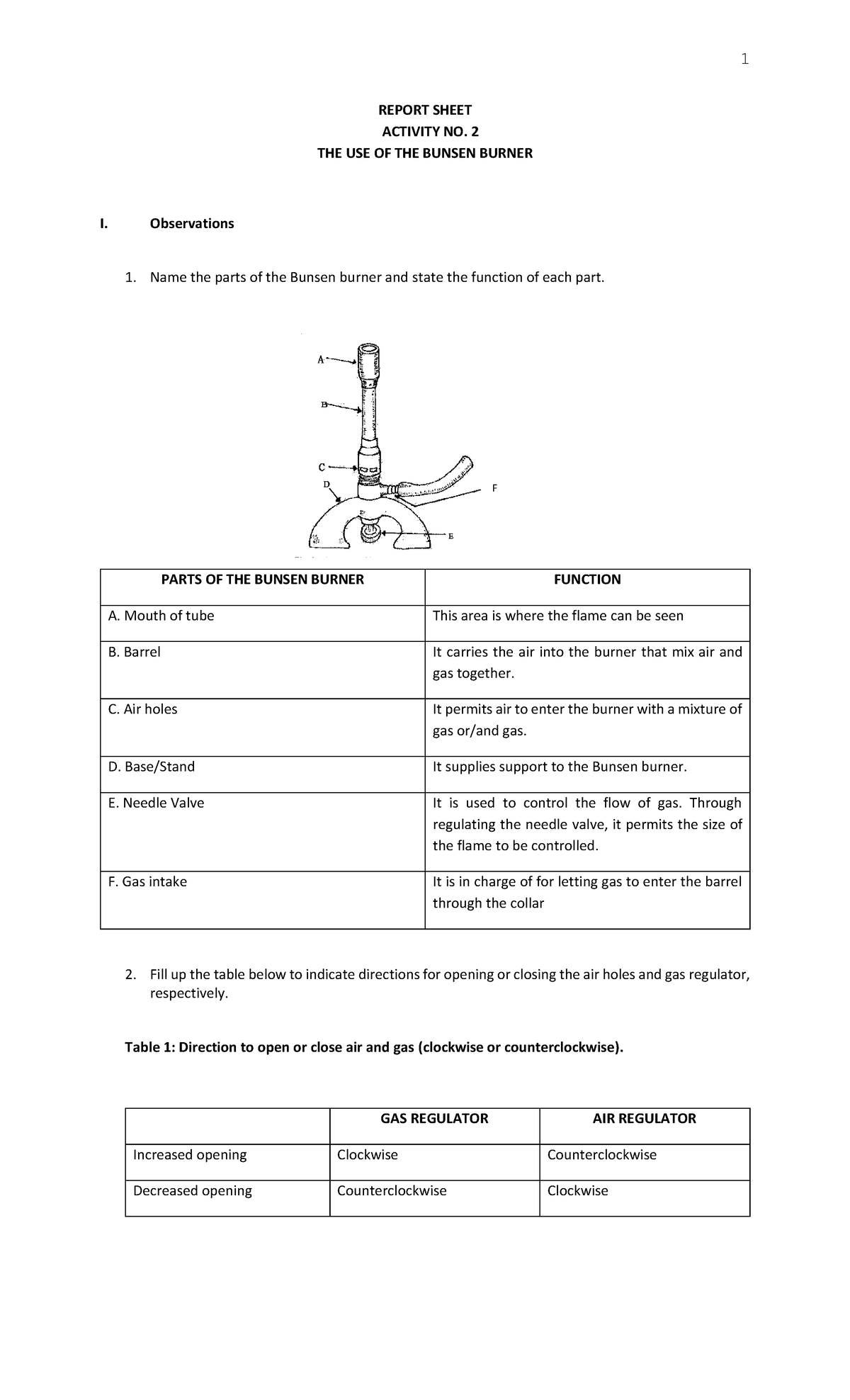 Act 2 The Burner ( Answer Sheet) - REPORT SHEET ACTIVITY NO. 2 THE USE ...