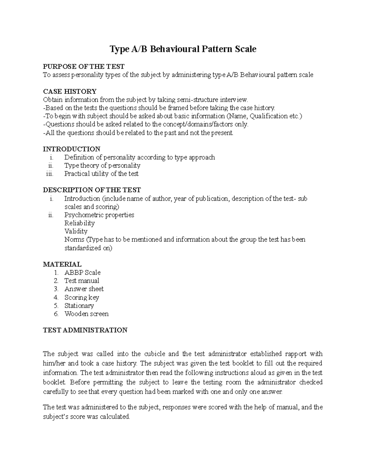 Abbps - Type A/B Behavioural Pattern Scale PURPOSE OF THE TEST To ...