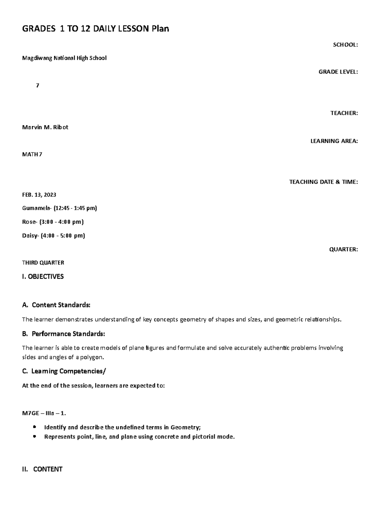 Final Day1 Lesson Plan - N/A - GRADES 1 TO 12 DAILY LESSON Plan SCHOOL ...