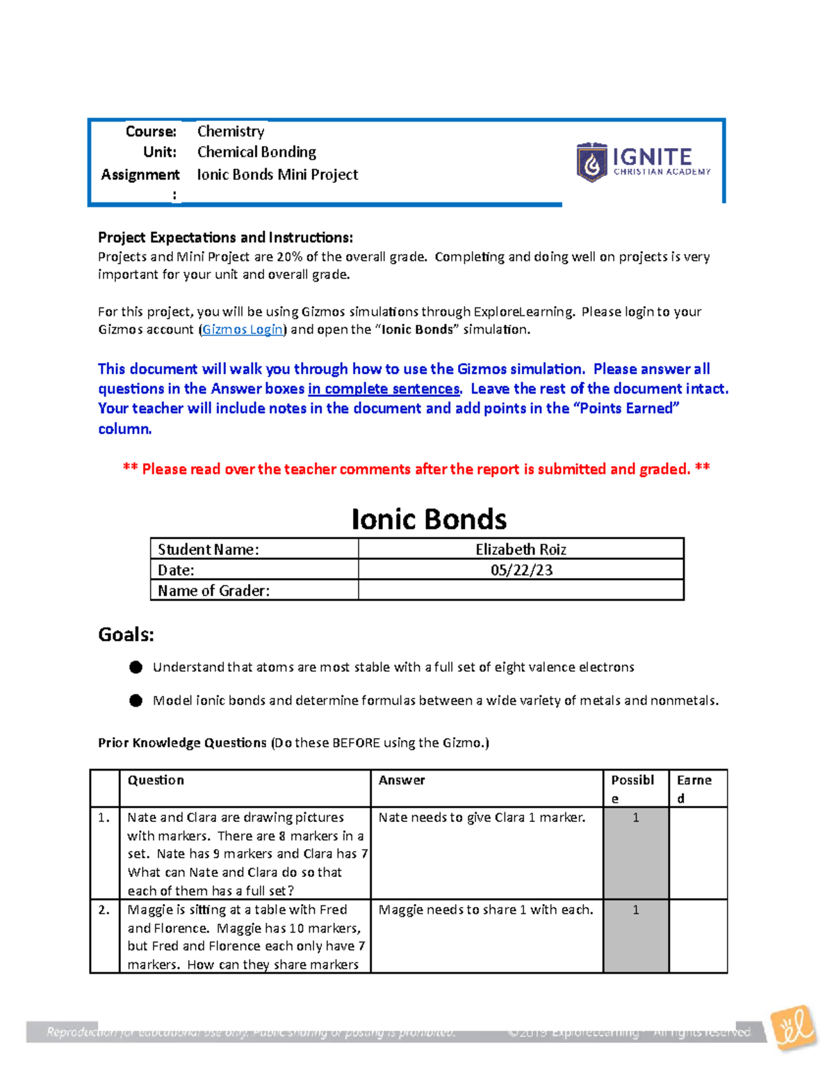 Chem Ionic Bonds - Course: Chemistry Unit: Chemical Bonding Assignment ...