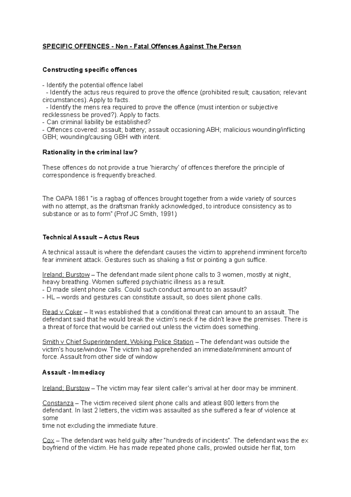 Non fatal offences - lec notes - SPECIFIC OFFENCES - Non - Fatal ...