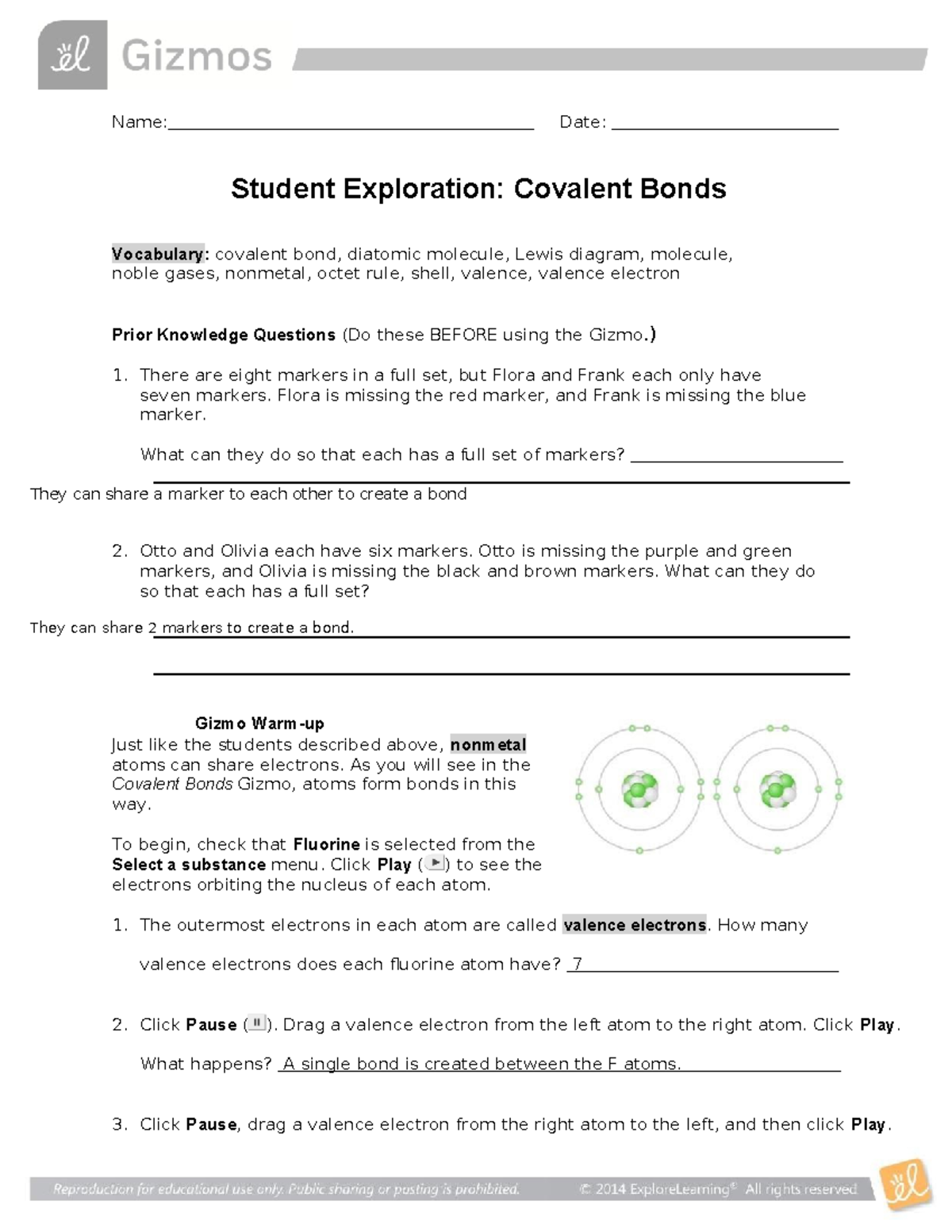 Lab 1 Covalent Bonds SE - Gismoz lab - Name: Date: Student Exploration ...