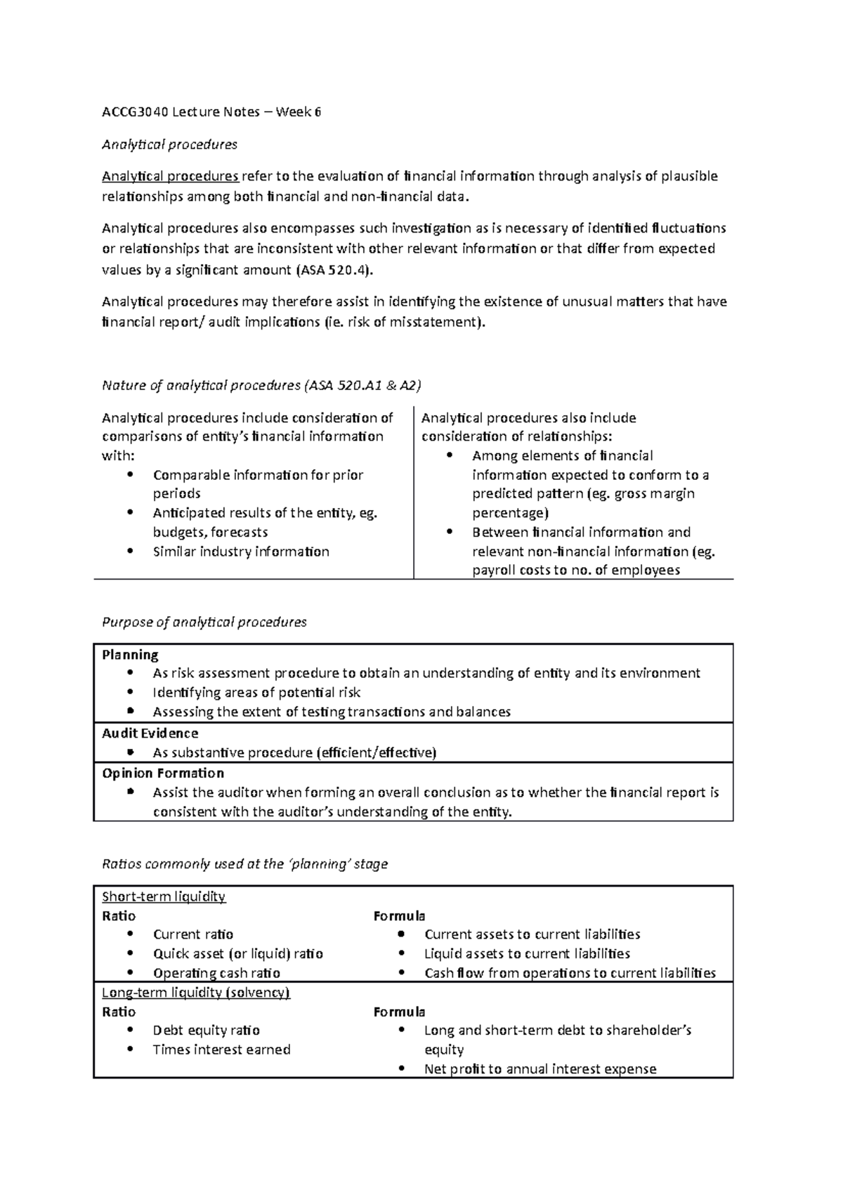 Lecture Notes - Week 6 - ACCG3040 Lecture Notes – Week 6 Analytical ...