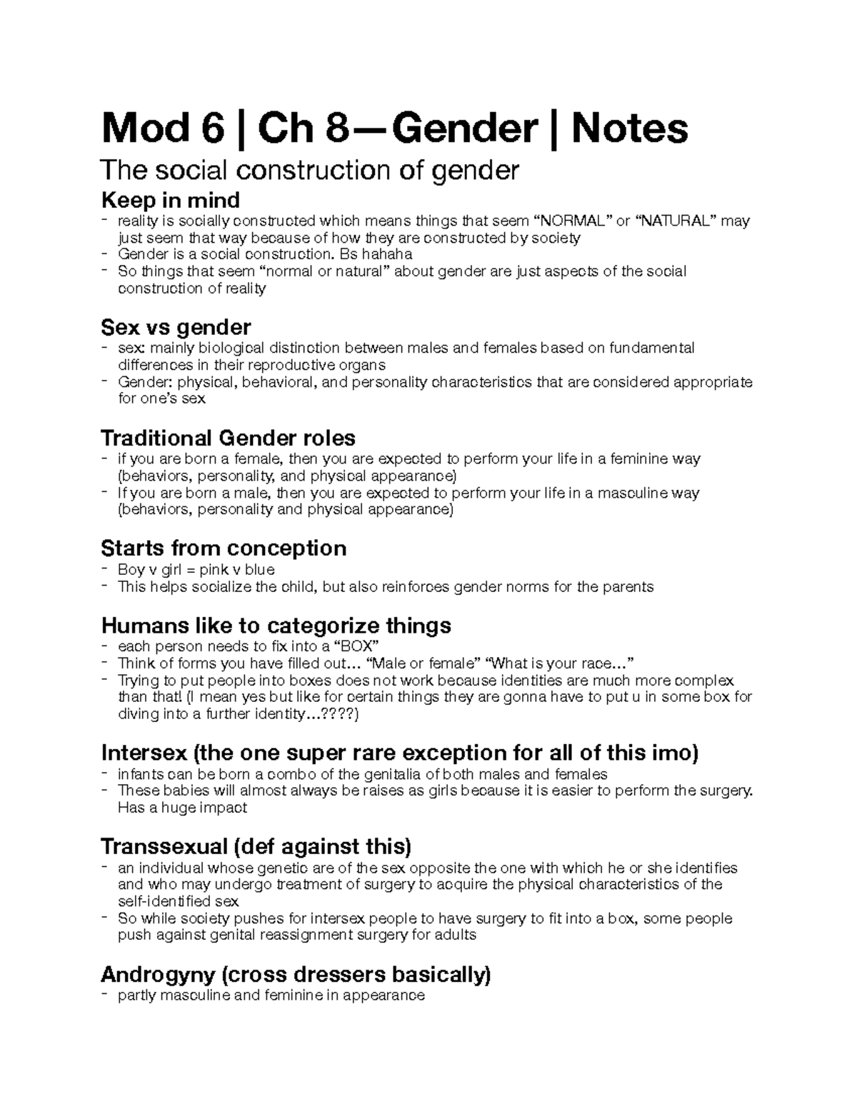 Module 6 notes - Rogers - Mod 6 | Ch 8—Gender | Notes The social ...