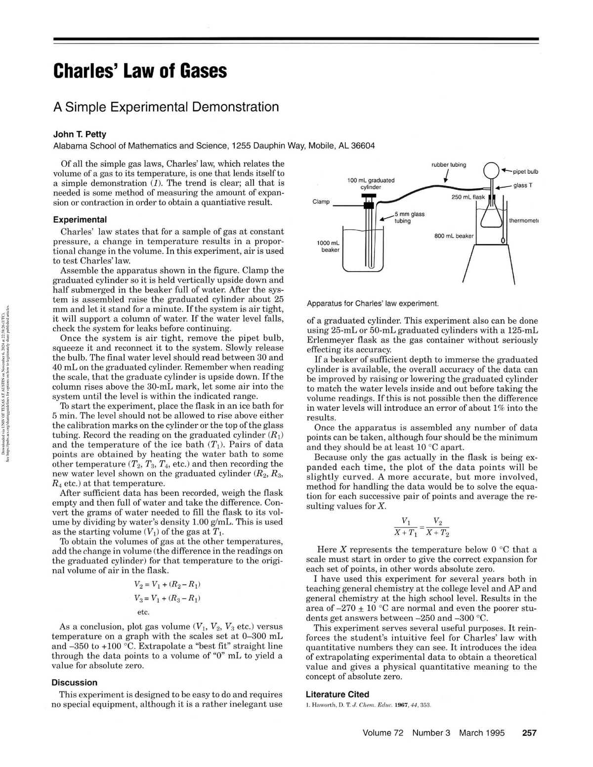 Petty 1995 charles law of gases a simple experimental demonstration ...