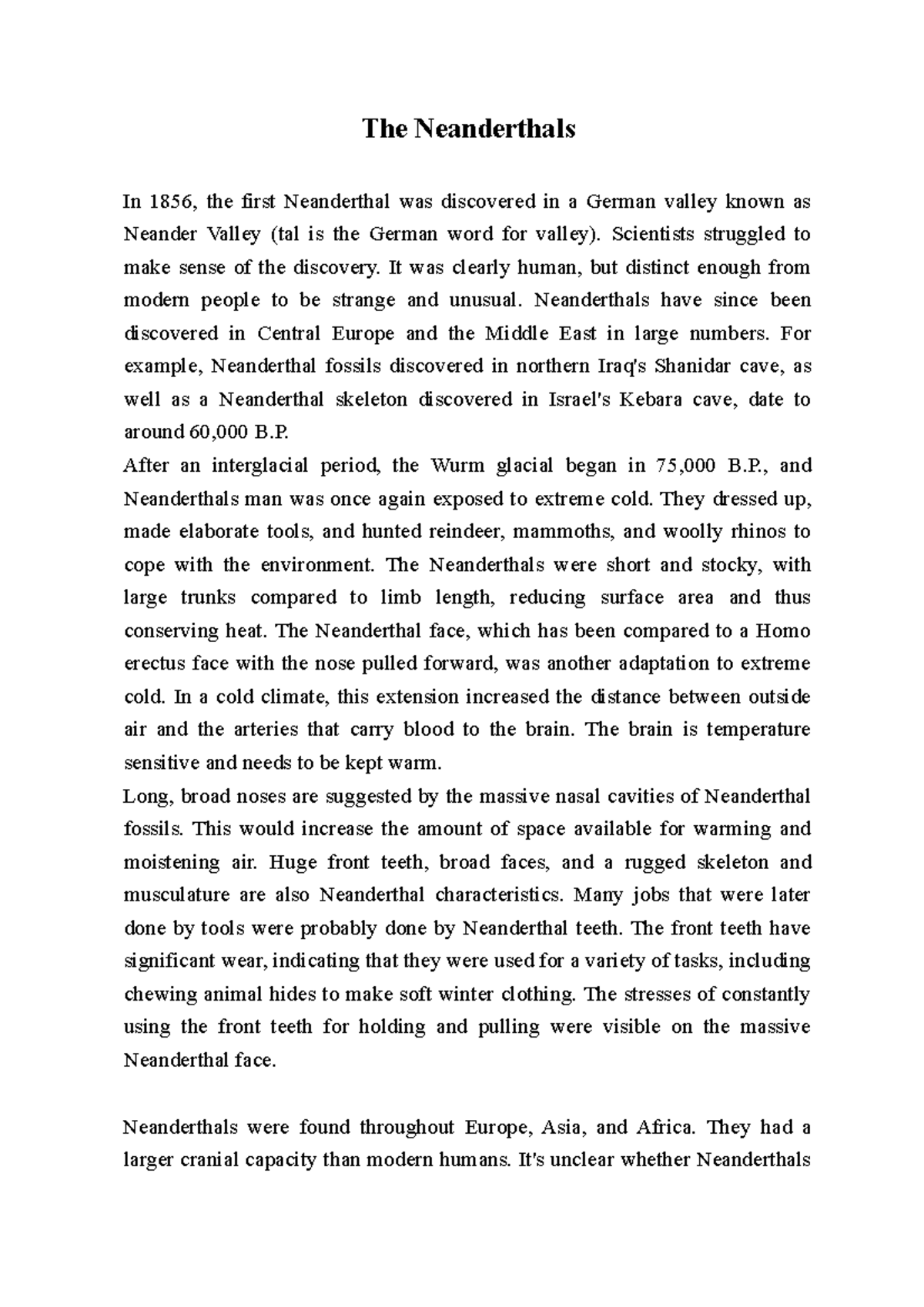 The Neanderthals - Lecture notes 1 - The Neanderthals In 1856, the ...