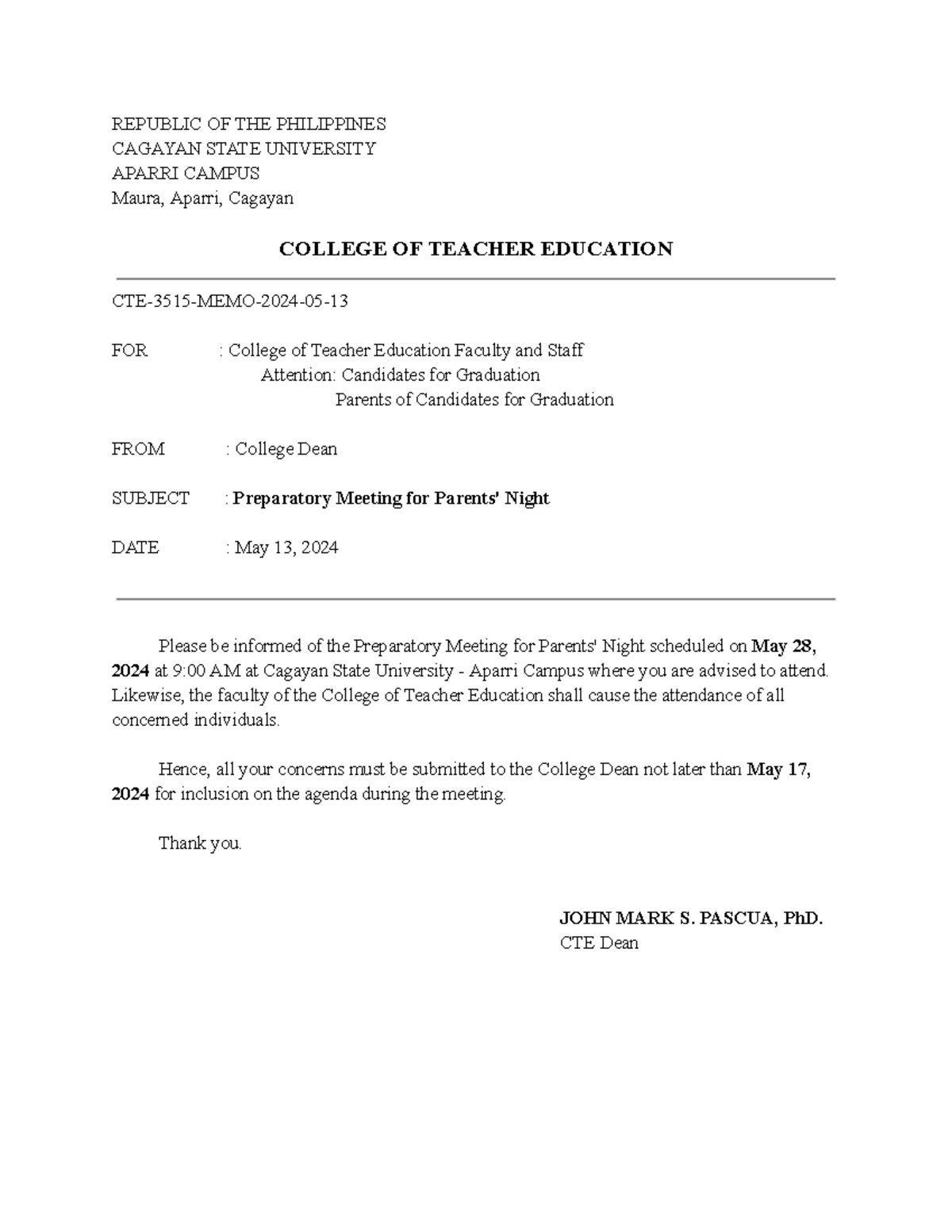 Memo - REPUBLIC OF THE PHILIPPINES CAGAYAN STATE UNIVERSITY APARRI ...