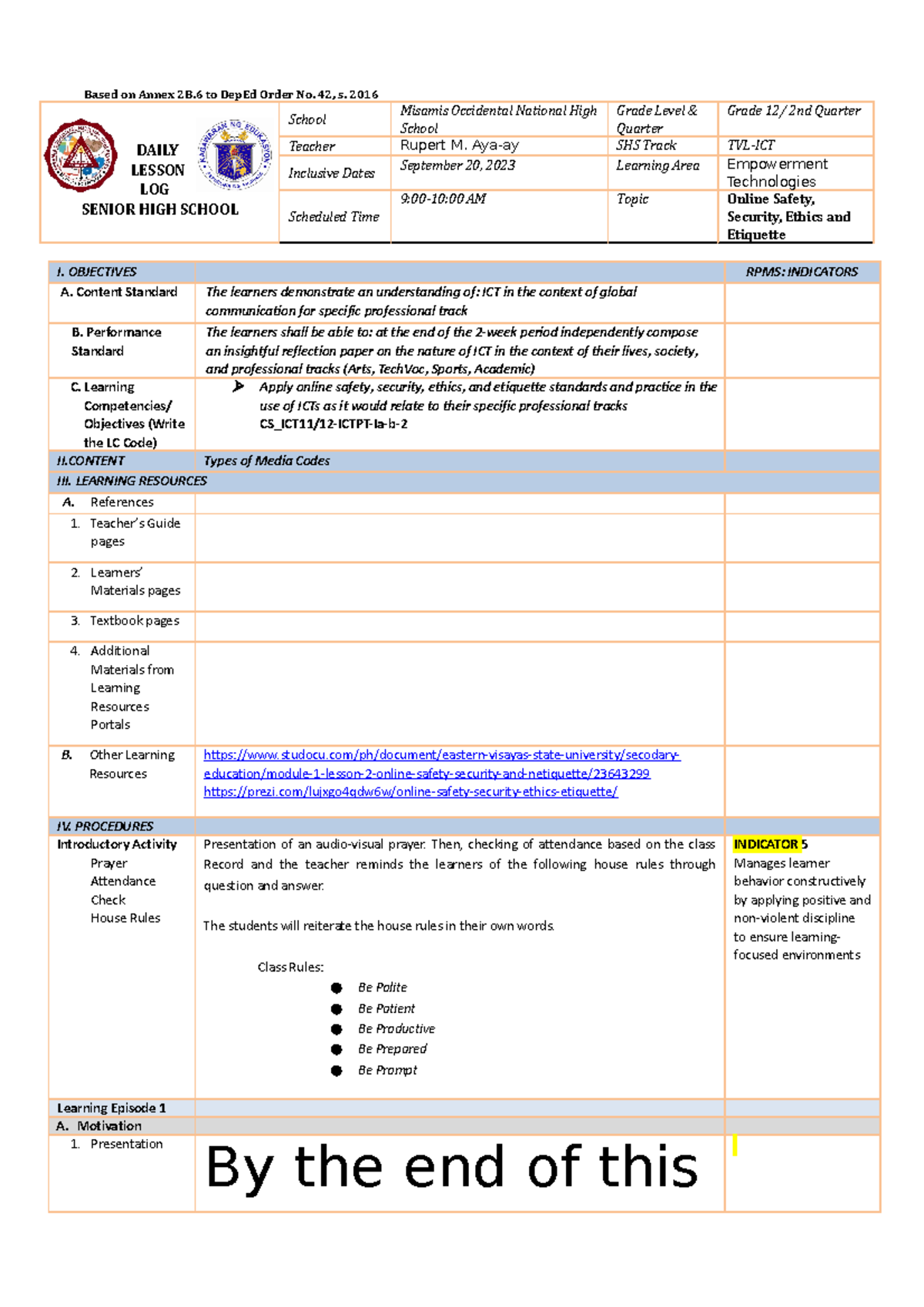 Aya-ay CO1 - lesson plan - Based on Annex 2B to DepEd Order No. 42, s. 2016 DAILY LESSON LOG ...