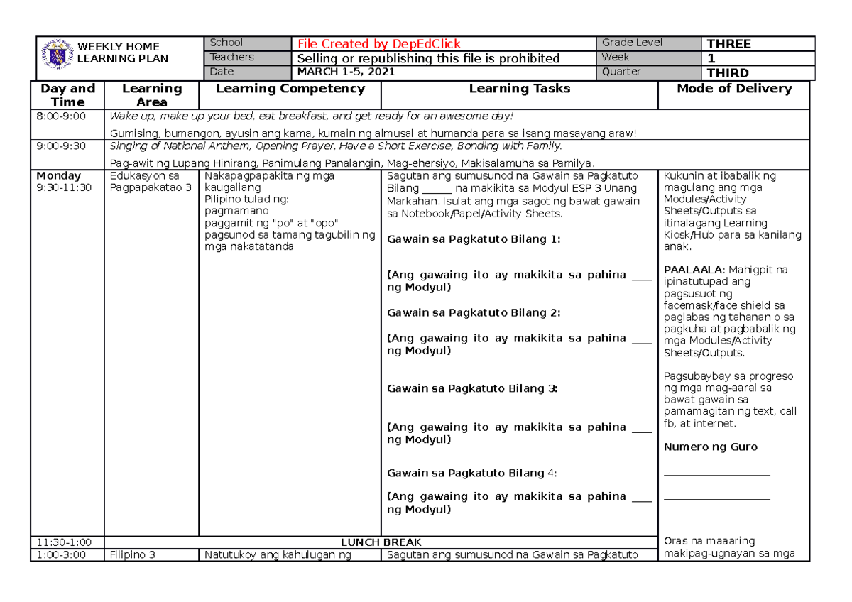 Grade 3 WHLP Q3 Week 1 - Weekly Home Learning plan Quarter 3 week 1 ...
