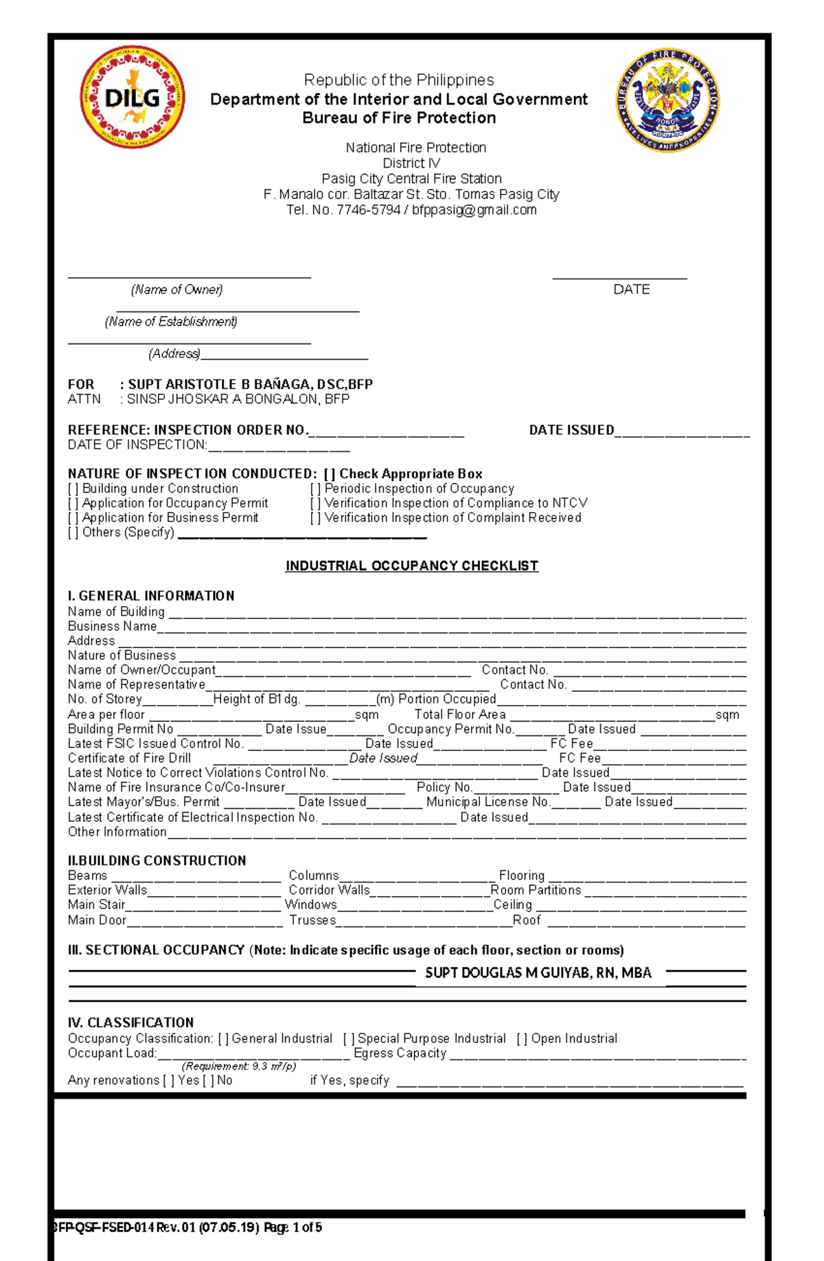 FSED 014 Checklist Industrial Occupancy Rev01 070519 - Department of ...