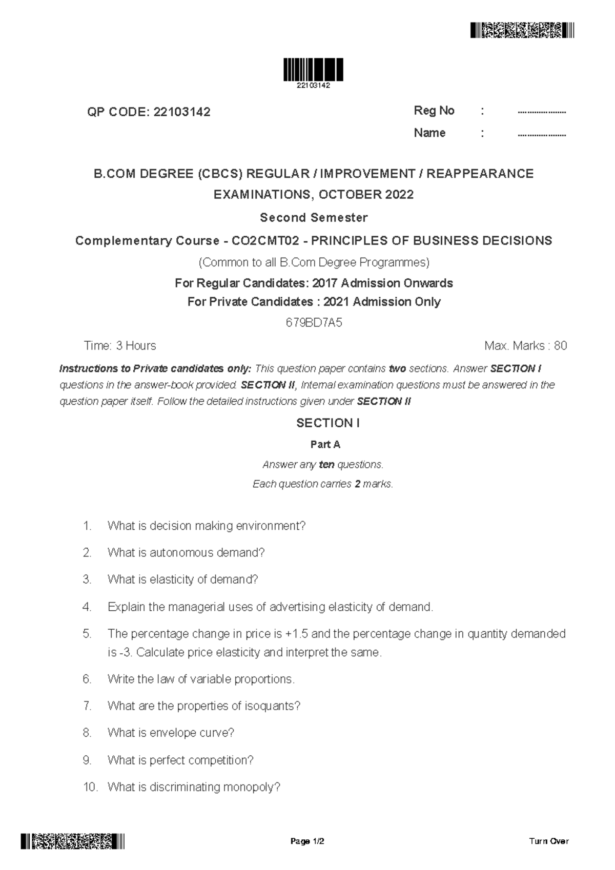 CO2CMT02 Principles of Business Decisions(T)-1 - QP CODE: 22103142 Reg No ...