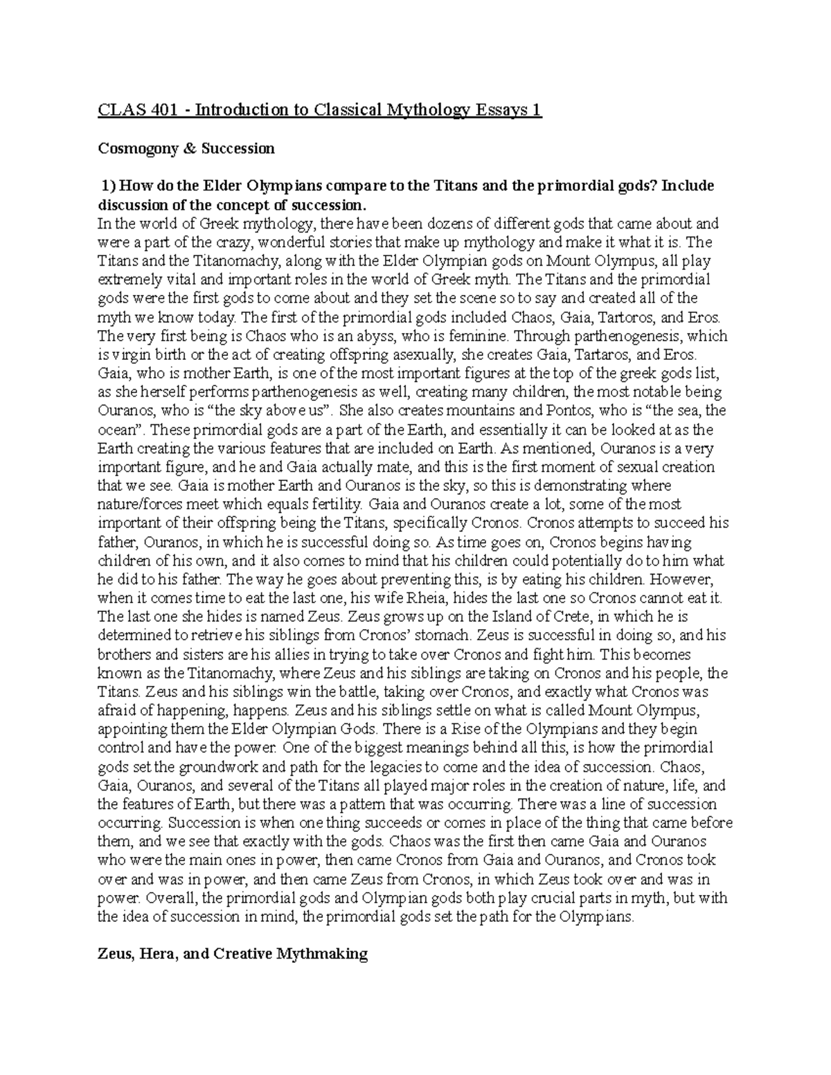 Myth Essays 1 - CLAS 401 - Introduction to Classical Mythology Essays 1 ...