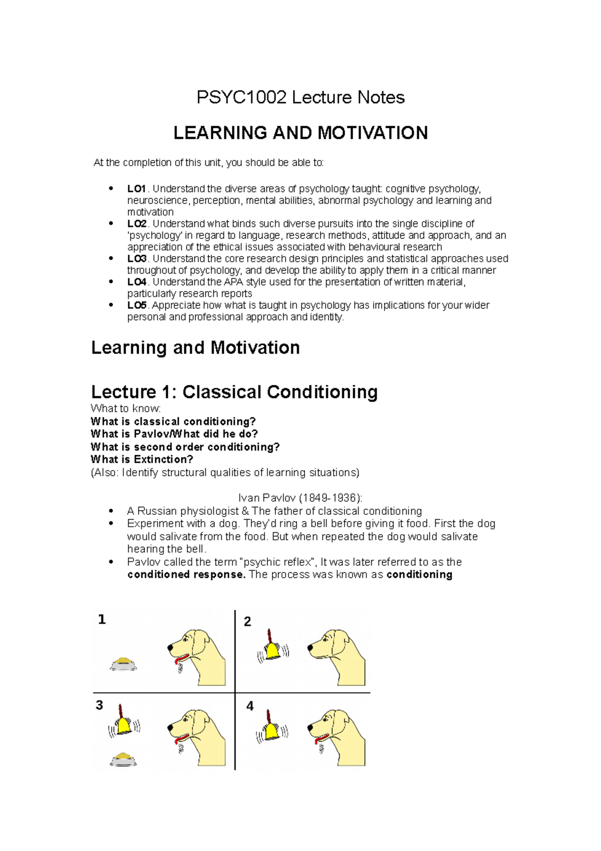 PSYC1002 Learning and Motivation notes - PSYC1002 Lecture Notes ...