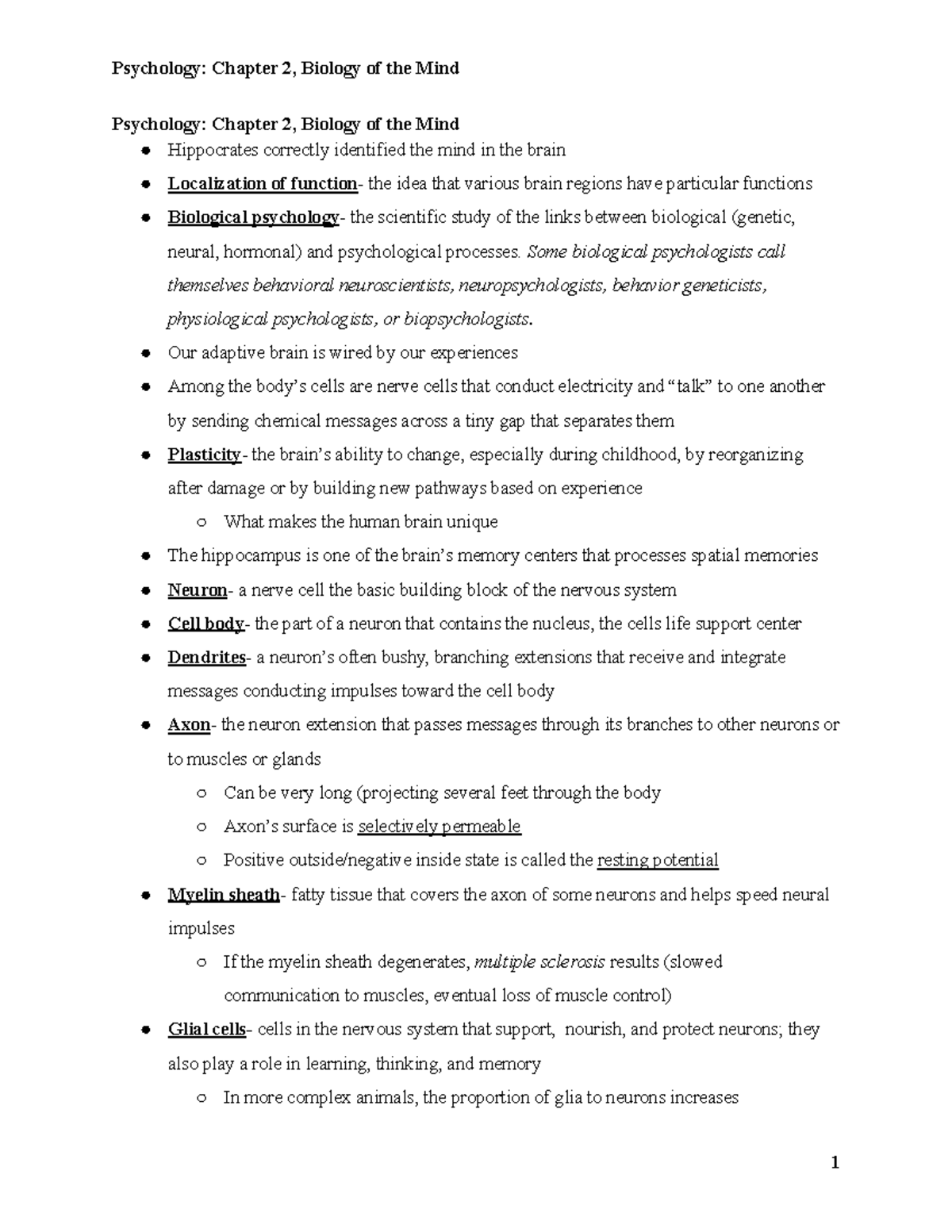 Chapter 2 Notes - Psychology: Chapter 2, Biology of the Mind ...