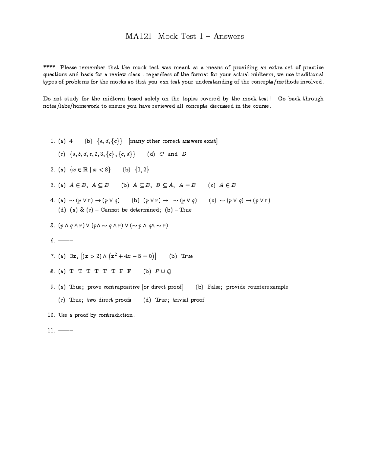 Mock Ma121 T1 W23 ans - MA121 Mock Test 1 ñ Answers ****questions and ...