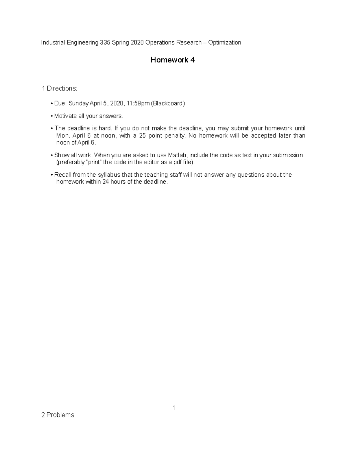 Homework 4 Solution - Industrial Engineering 335 Spring 2020 Operations ...