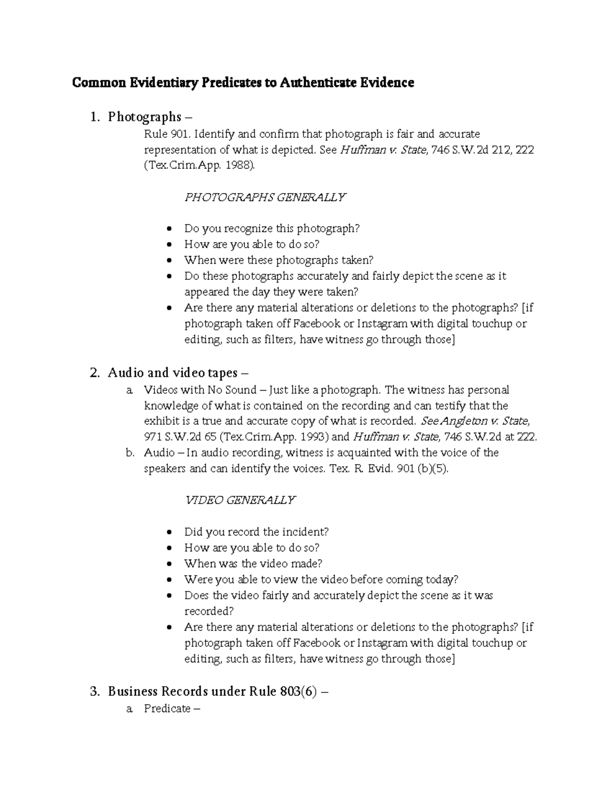 Trial Cheat Sheet - Common Evidentiary Predicates to Authenticate ...
