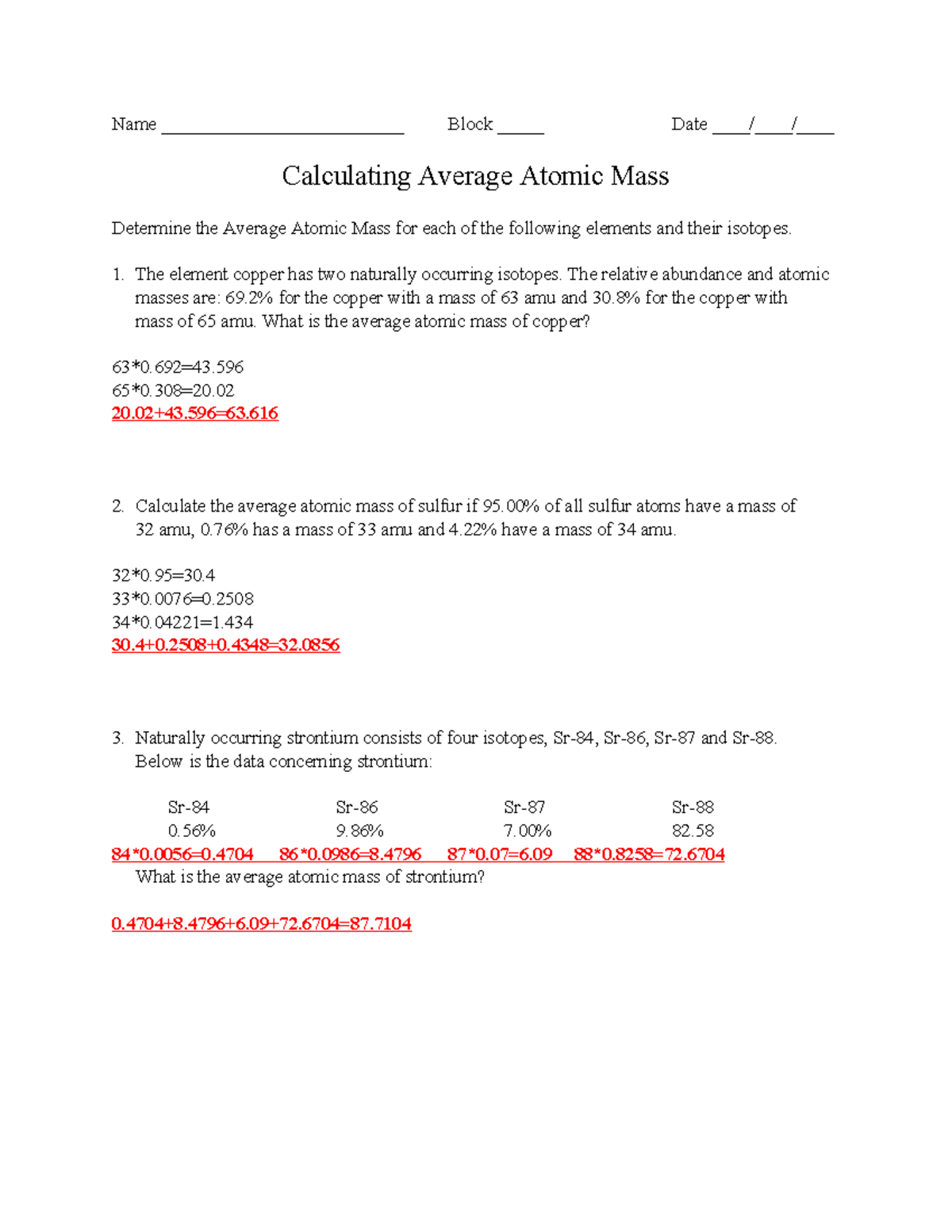 Calculating Average Atomic Mass Worksheet - Name ...