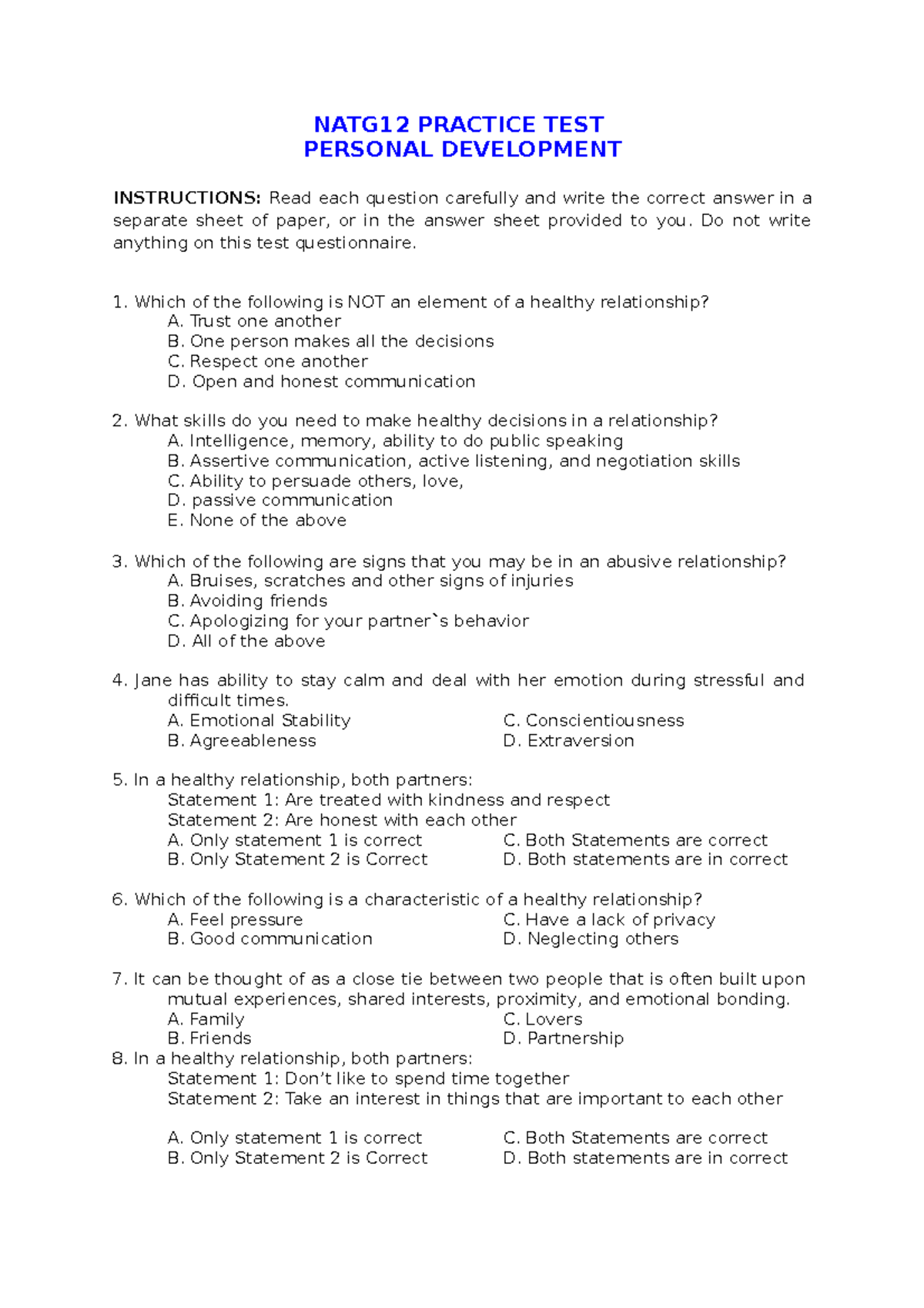 Perdev - Per Dev - NATG12 PRACTICE TEST PERSONAL DEVELOPMENT ...