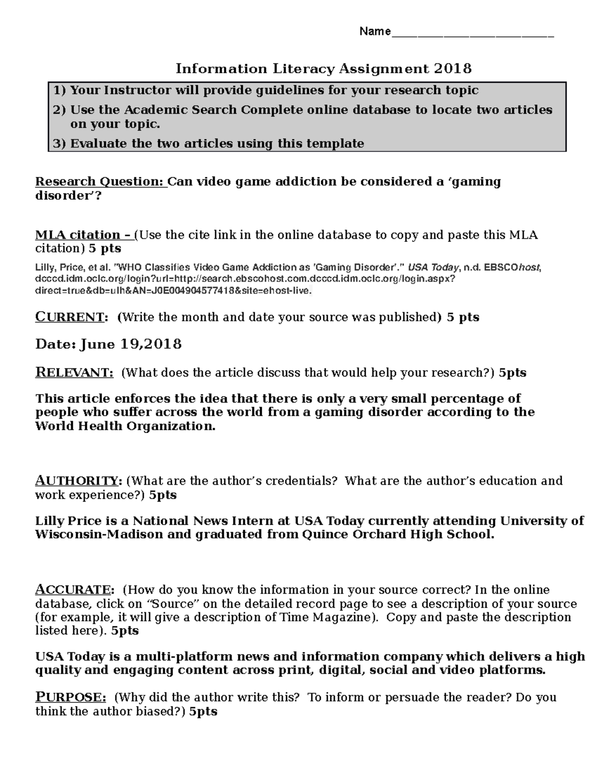 Information Literacy Assignment 2018 - Evaluate the two articles using ...