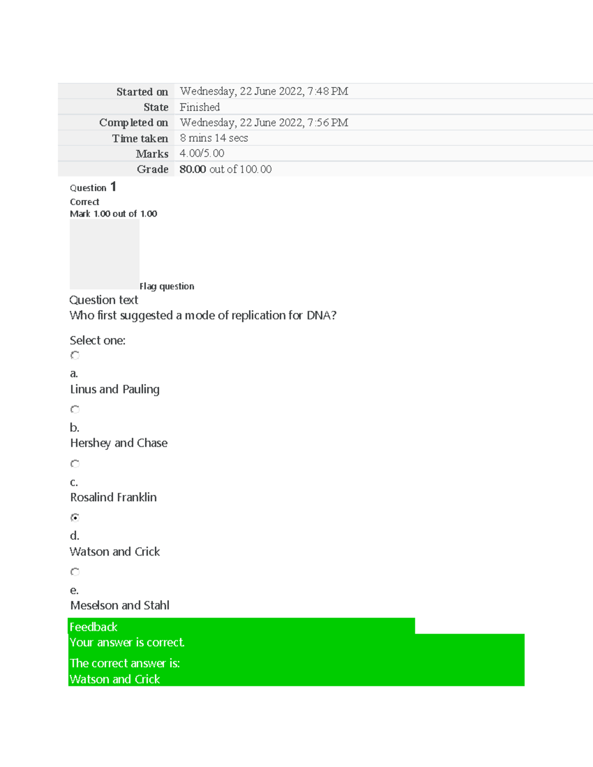 HS 4212 Genetics Quiz unit 1 set 2 - Started on Wednesday, 22 June 2022 ...