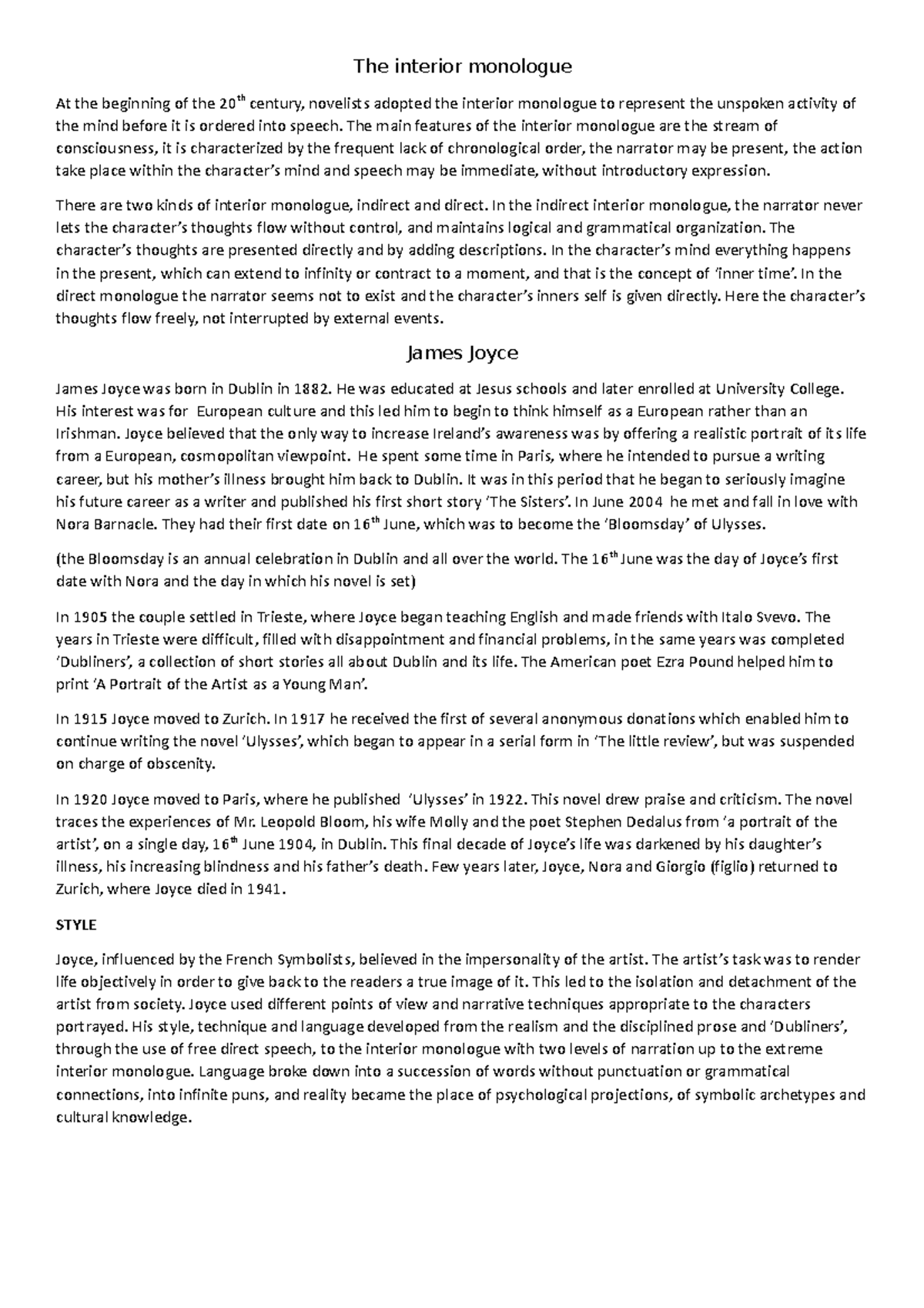 Joyce e woolf - riassunti dettagliati - The interior monologue At the ...