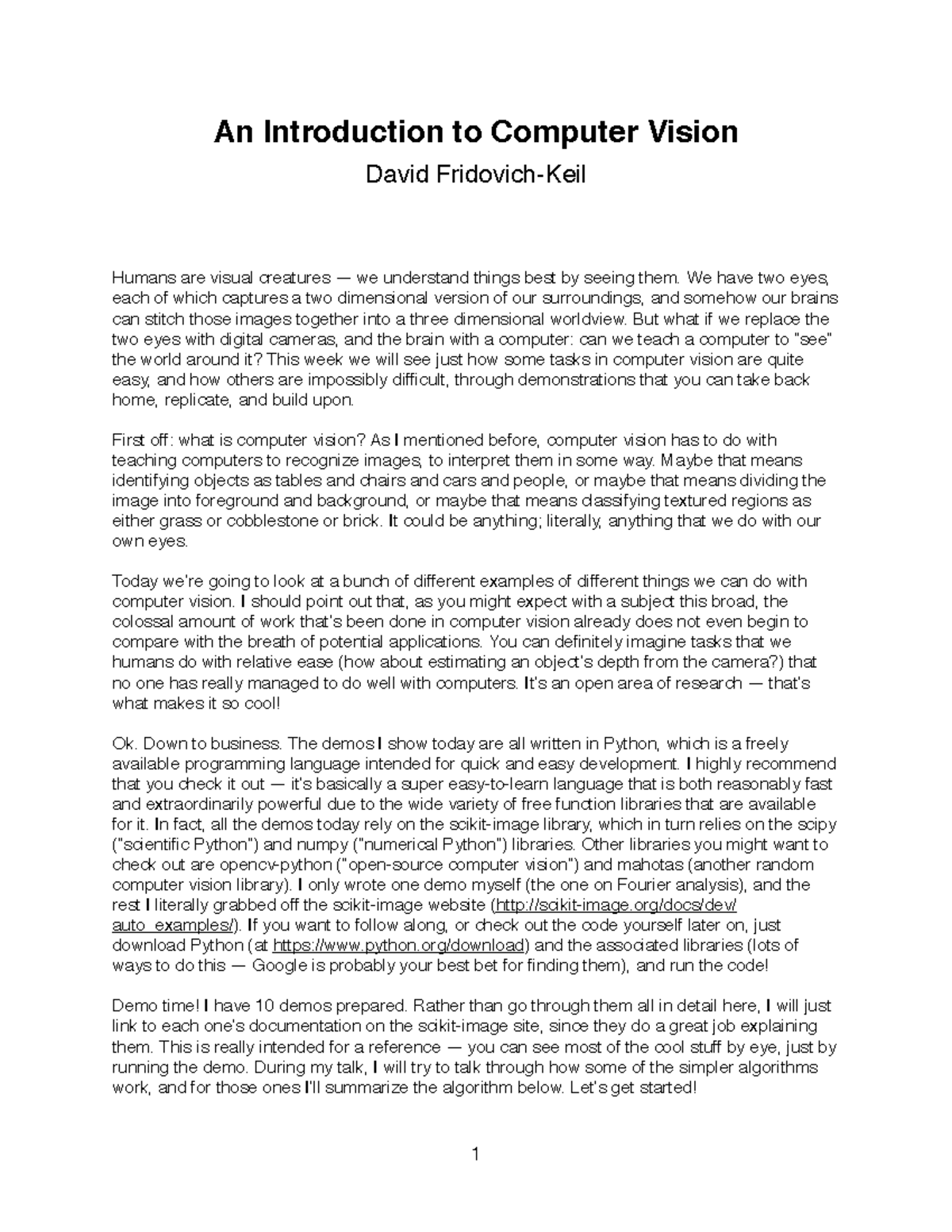 E241 Computer vision notes - An Introduction to Computer Vision David ...