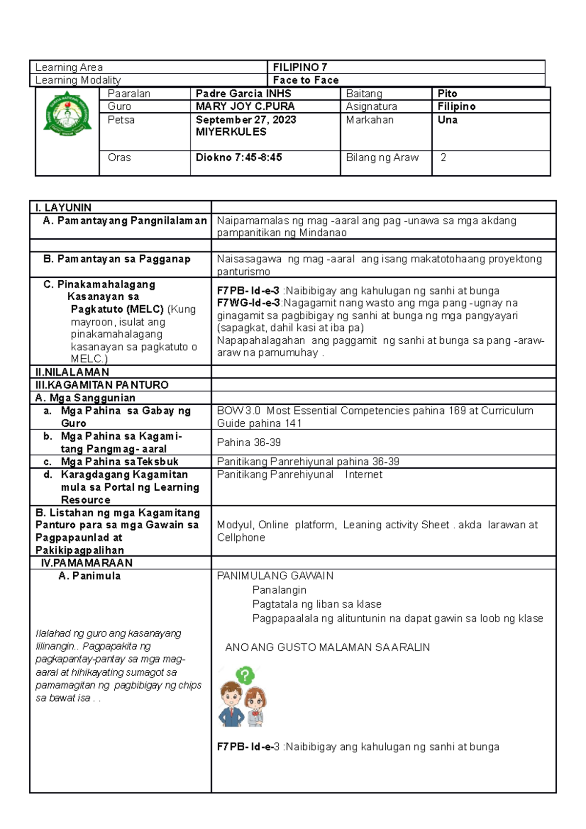 NEXT WEEK COT 1 September 27 2023 - Learning Area FILIPINO 7 Learning ...