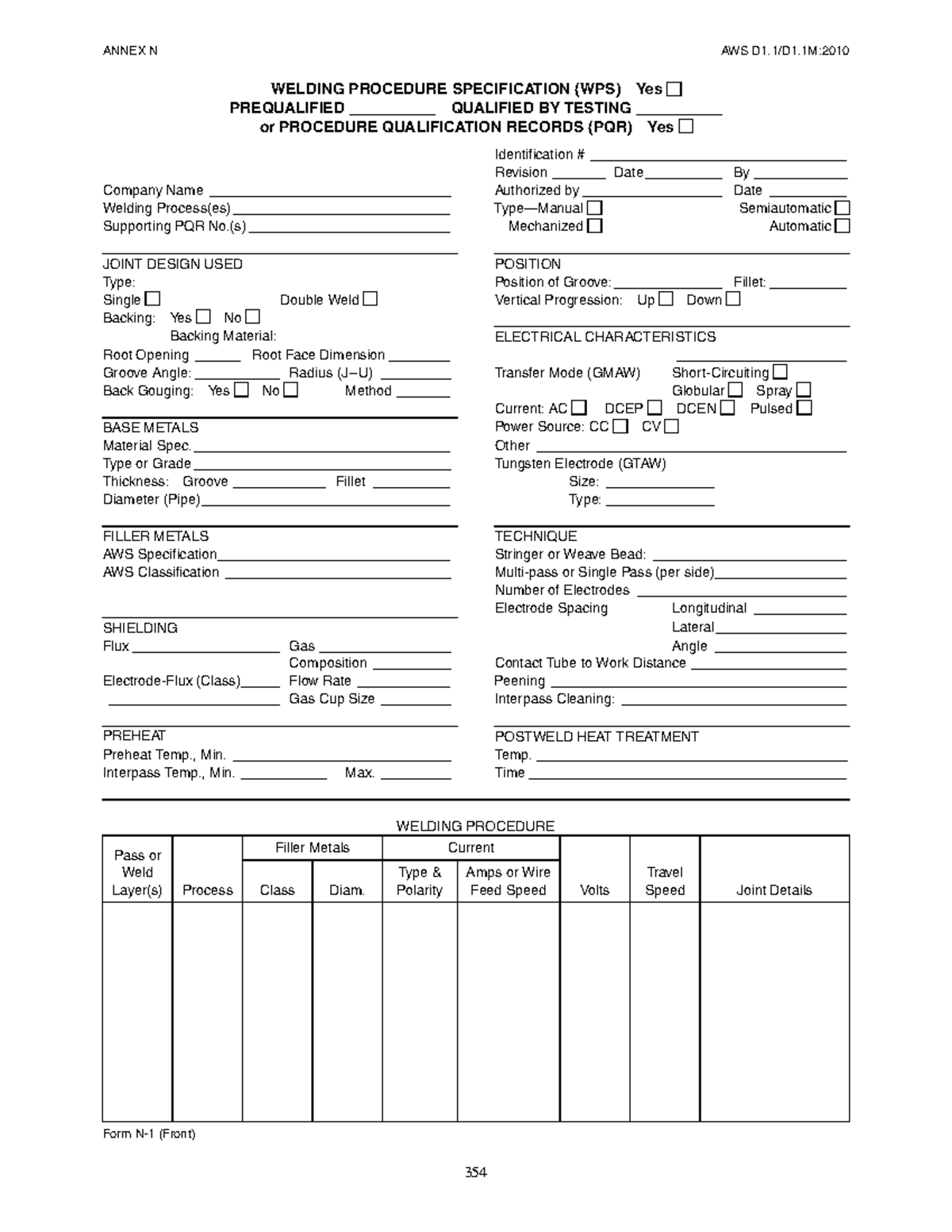 AWS D1.1 Form N1 - AWS D1.1 Form N1 - ANNEX N AWS D1.1/D1: 354 WELDING PROCEDURE SPECIFICATION ...