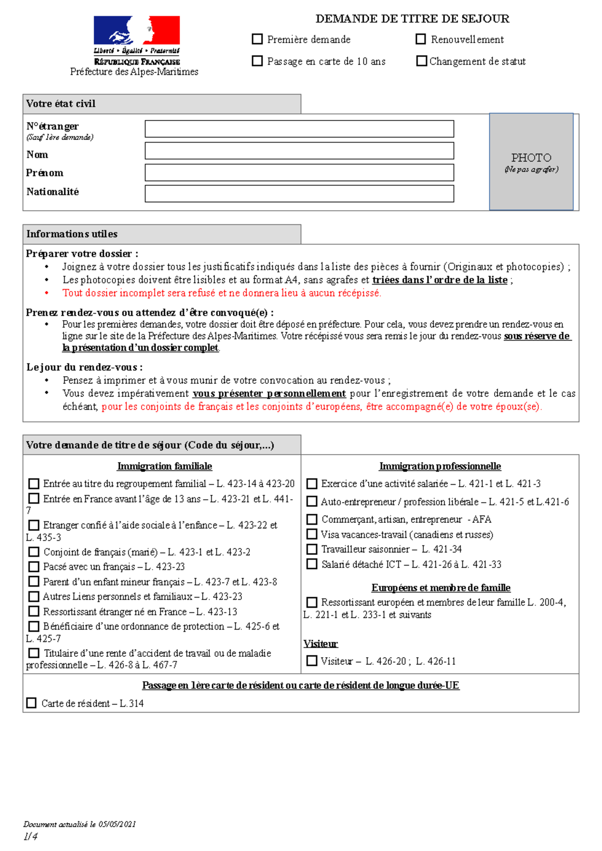 Formulaire de demande de titre de séjour - Préfecture des Alpes ...