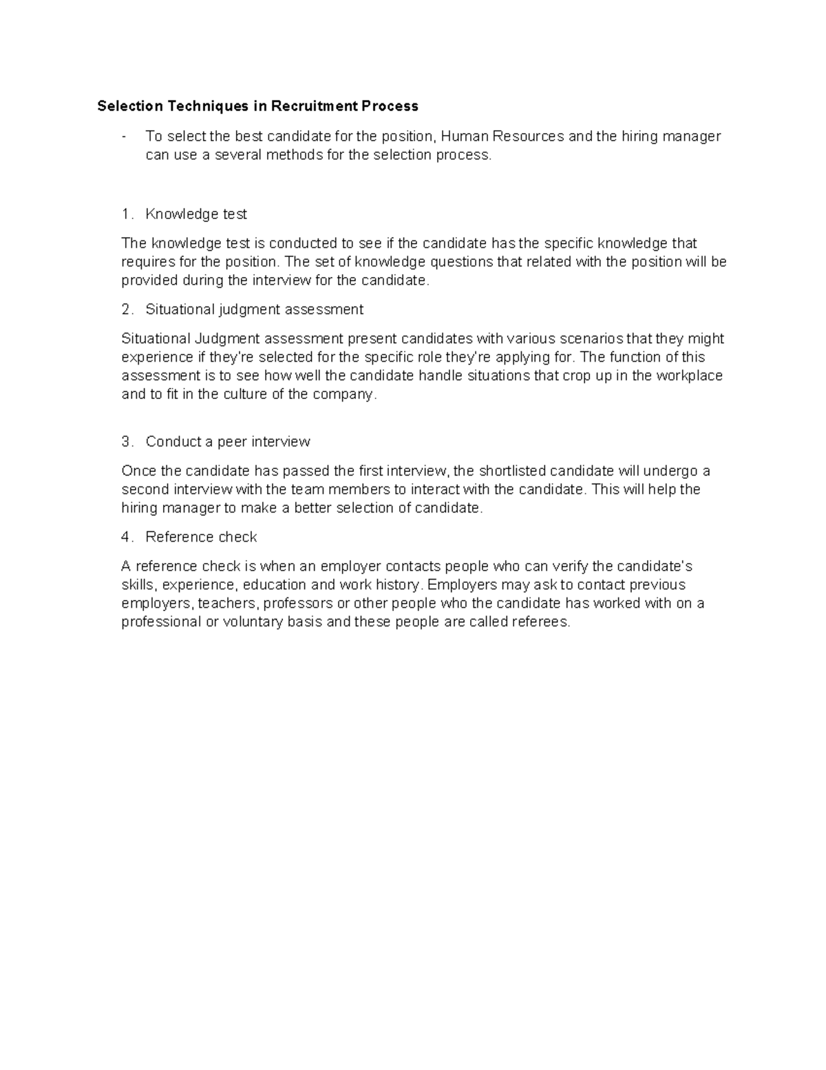 Selection Techniques in Recruitment Process - 1. Knowledge test The ...