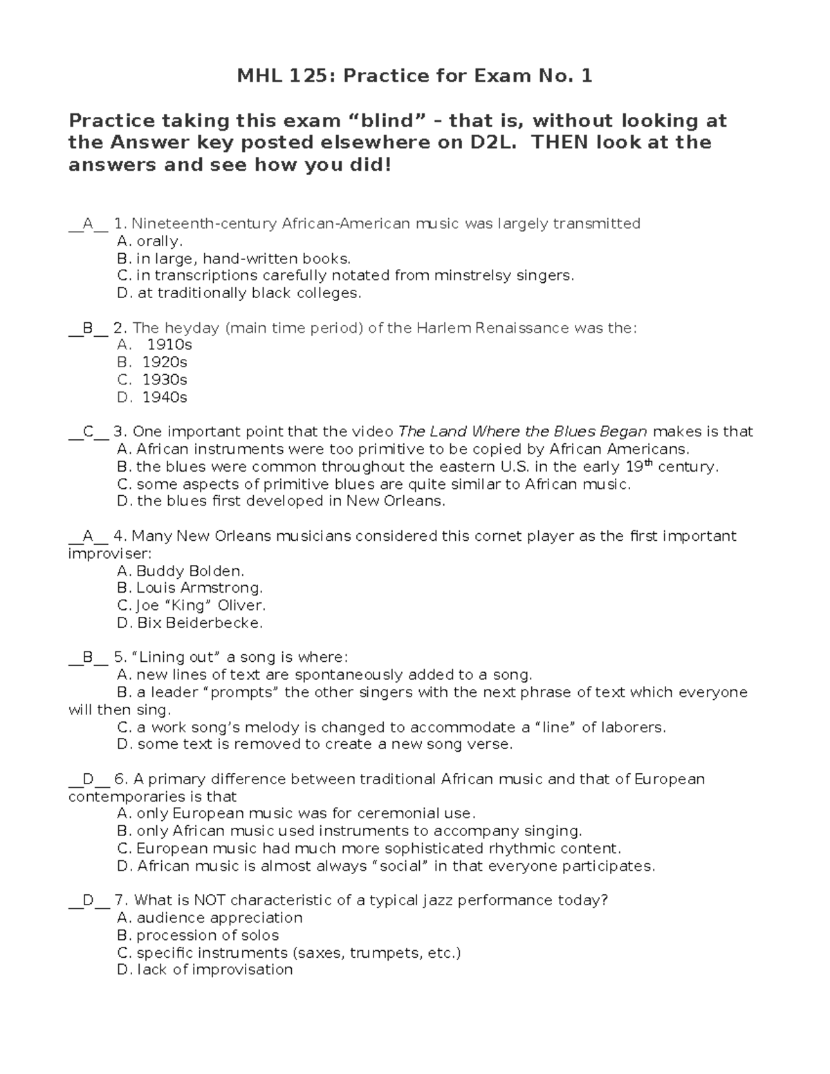 Mhl exam 1 prac - MHL 125: Practice for Exam No. 1 Practice taking this exam “blind” – that is ...