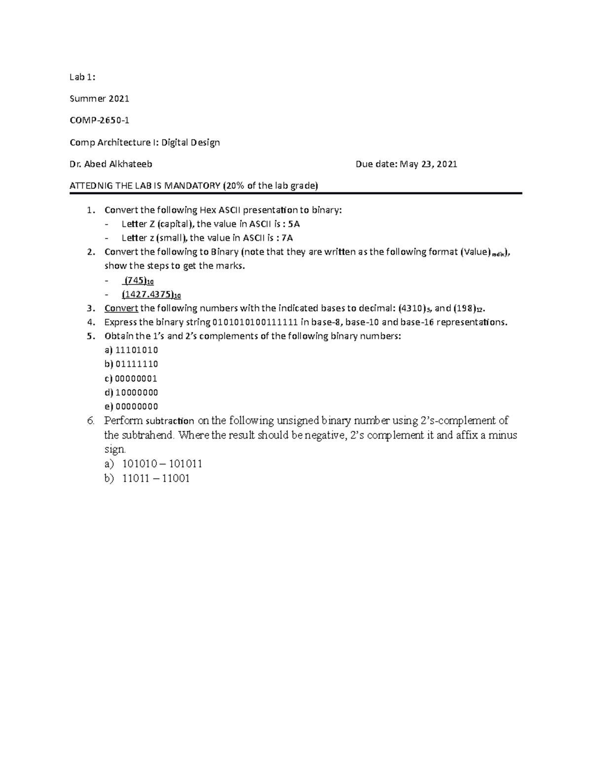 Lab 1 of comp 2650 comp arch - Lab 1: Summer 2021 COMP-2650- Comp Architecture I: Digital Design ...