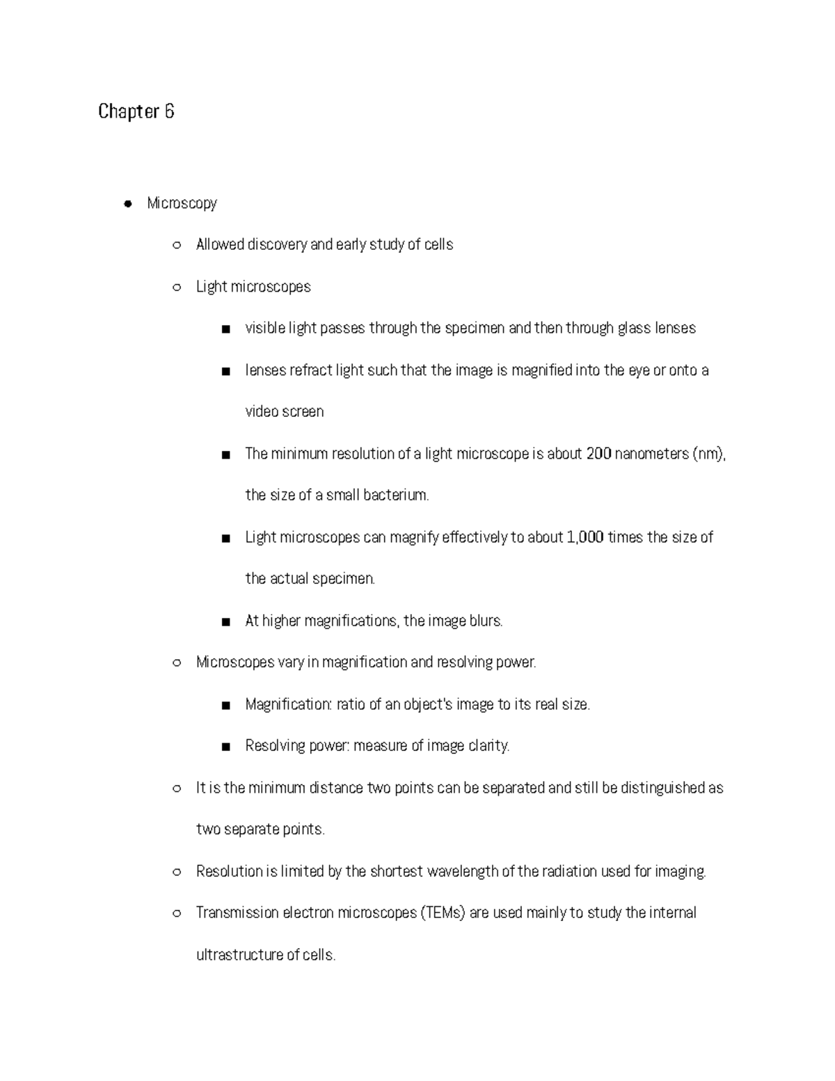 Bio Chapter 6 Notes - Chapter 6 Microscopy Allowed discovery and early ...