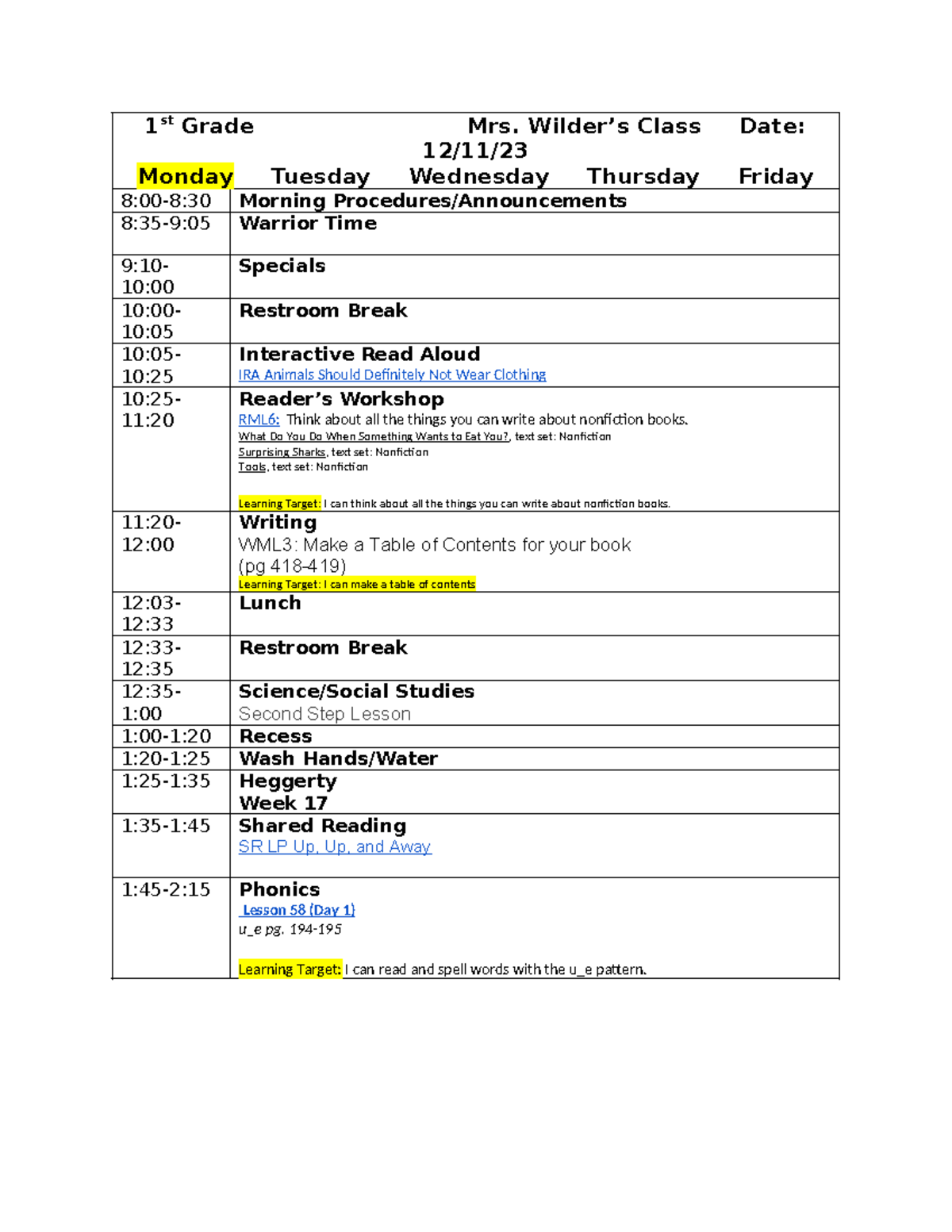 11-15 - LEsson Plan - 1 st Grade Mrs. Wilder’s Class Date: 12/11 ...