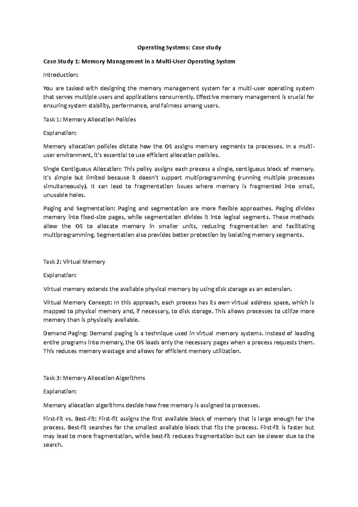 Casse Study Sample - Operating Systems: Case study Case Study 1: Memory ...